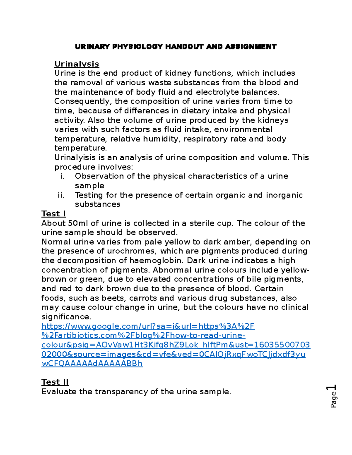 Urinary Physiology Handout AND Assignment - URINARY PHYSIOLOGY HANDOUT ...