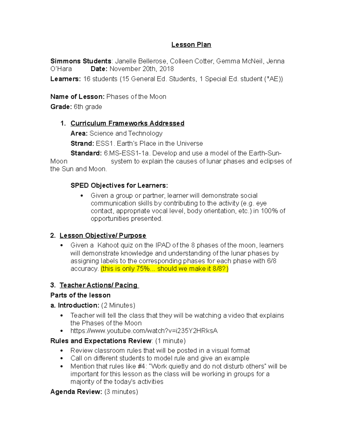 Lesson Plan - Students, 1 Special Ed. student Name of Lesson: Phases of ...
