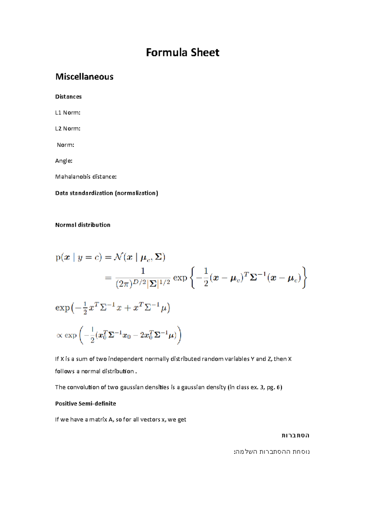 Open exam Formula Sheet - Formula Sheet Miscellaneous Distances L1 Norm ...