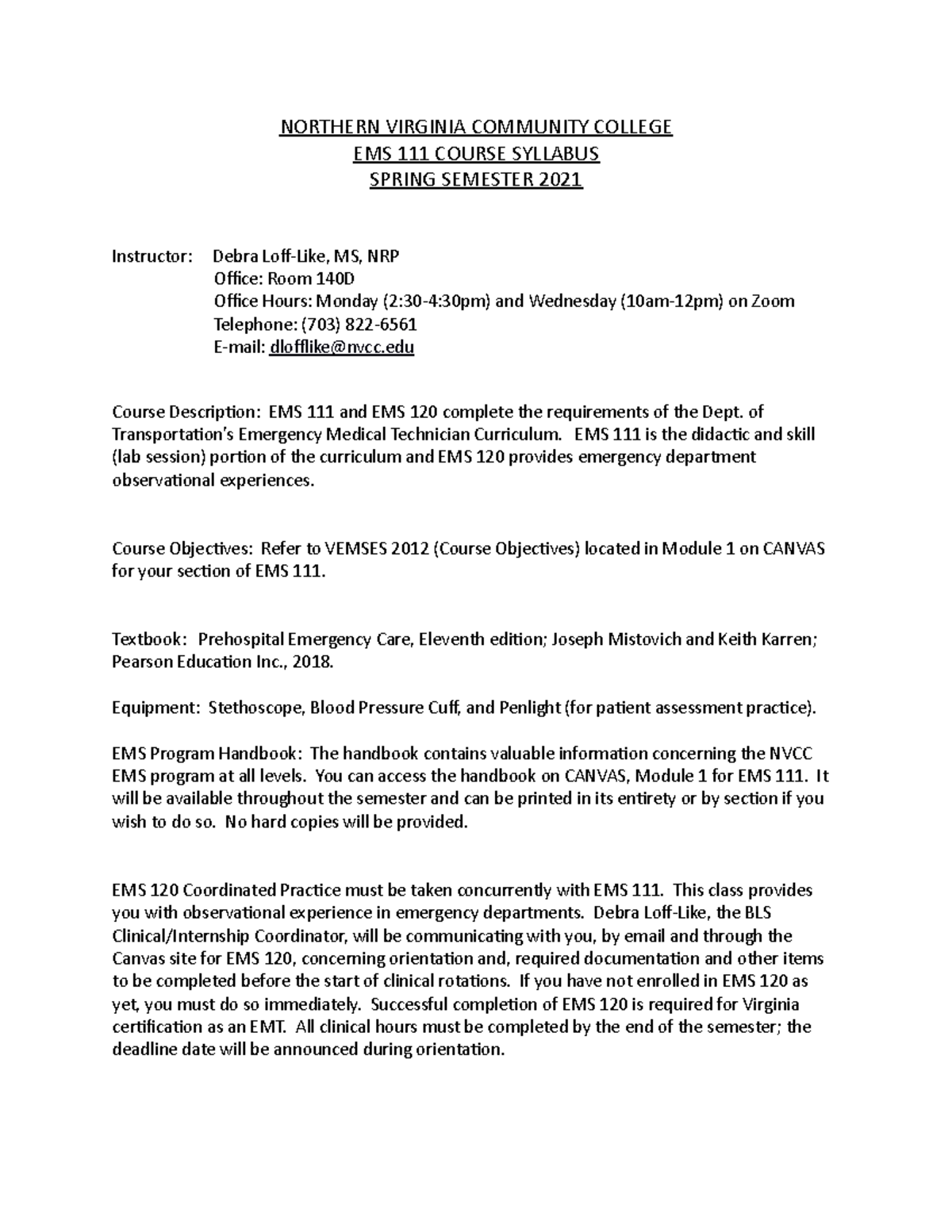Northern Virginia Community College EMS Course Syllabus Spring Semester ...