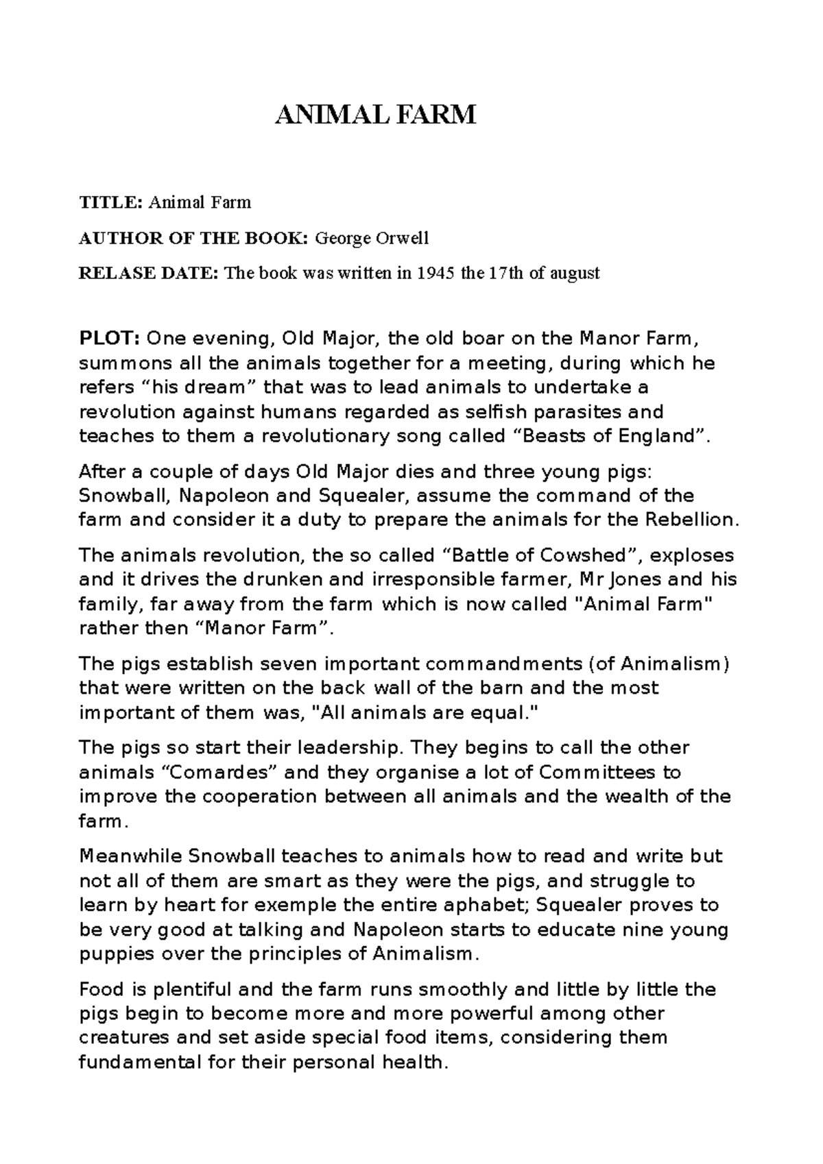 Summary of Animal Farm by George Orwell - ANIMAL FARM TITLE: Animal ...