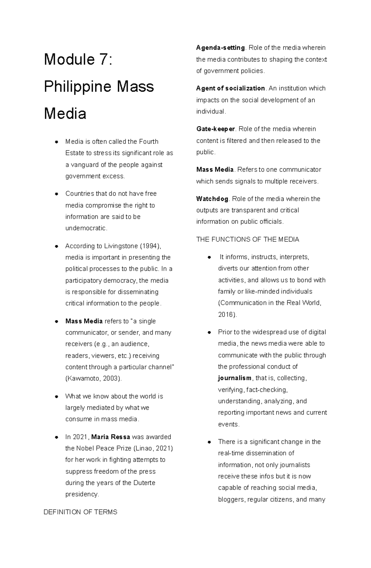 UCSP Q2M7 Reviewer - Module 7: Philippine Mass Media Media is often ...
