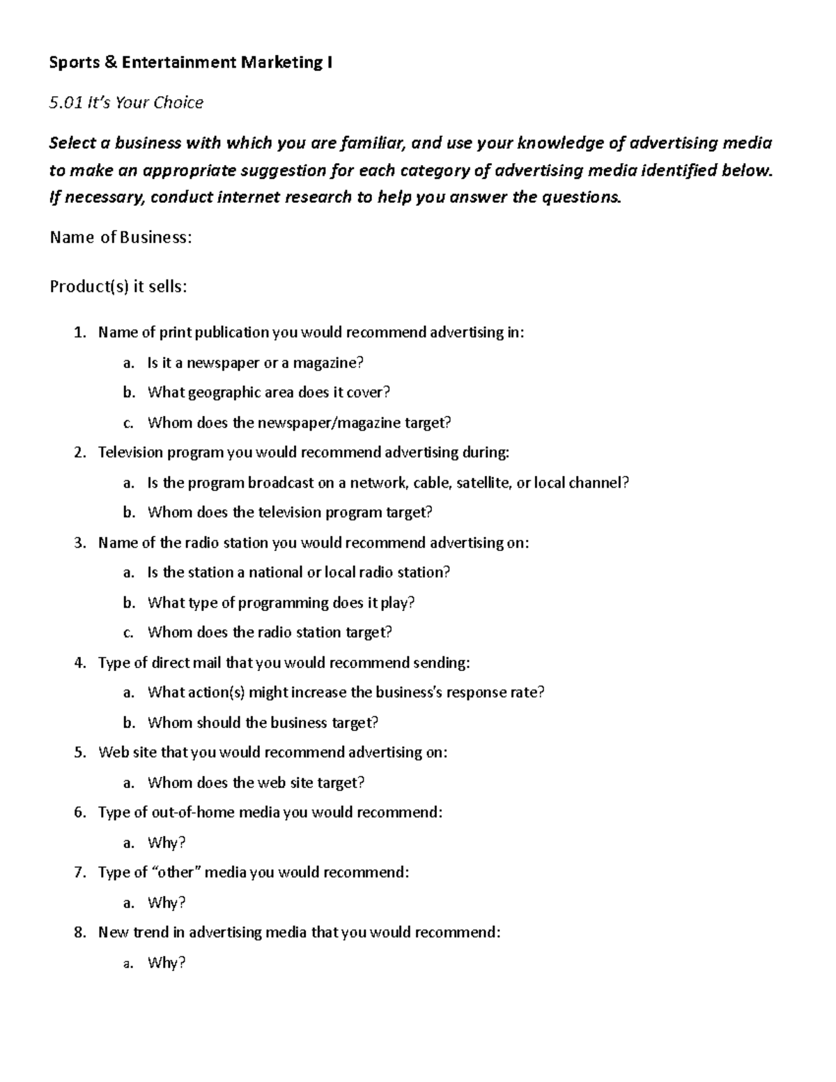 5.01 It's Your Choice worksheet - Sports & Entertainment Marketing I 5 ...