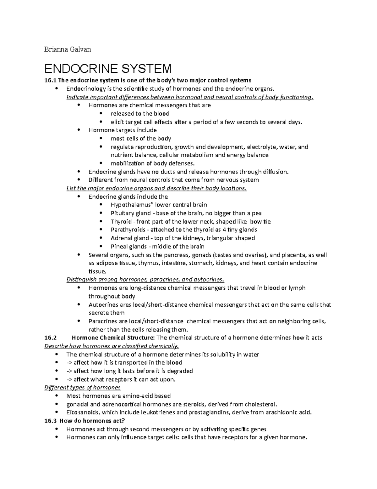 Digestive system - notes during class - Brianna Galvan ENDOCRINE SYSTEM ...