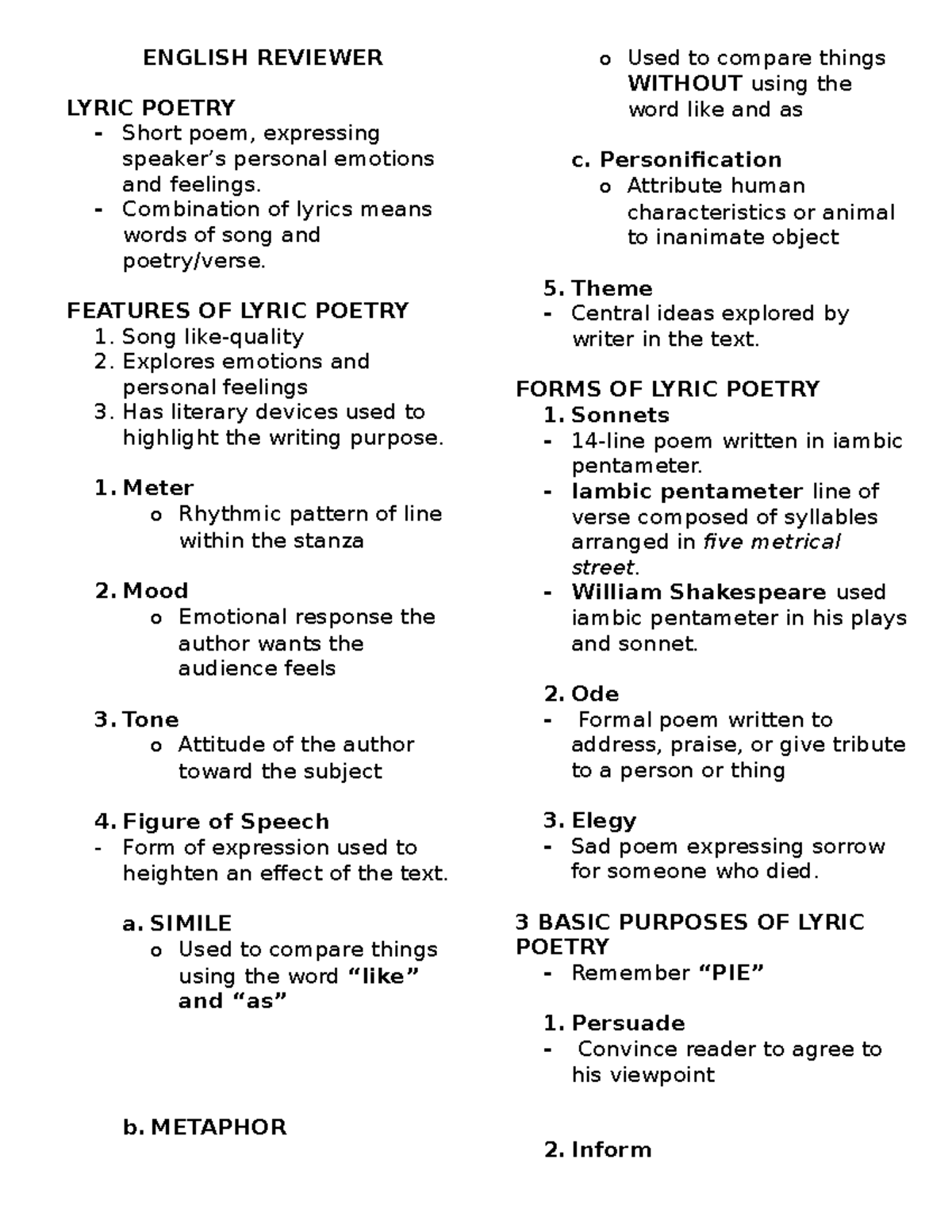 English Reviewer - notes - ENGLISH REVIEWER LYRIC POETRY Short poem ...