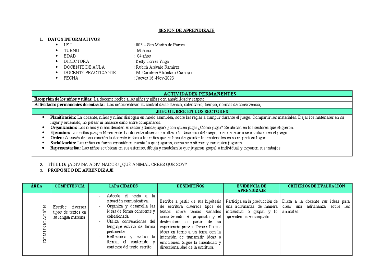 Creamos Adivinanzas DE Animales - SESIÓN DE APRENDIZAJE 1. DATOS INFORMATIVOS I.E : 003 – San ...