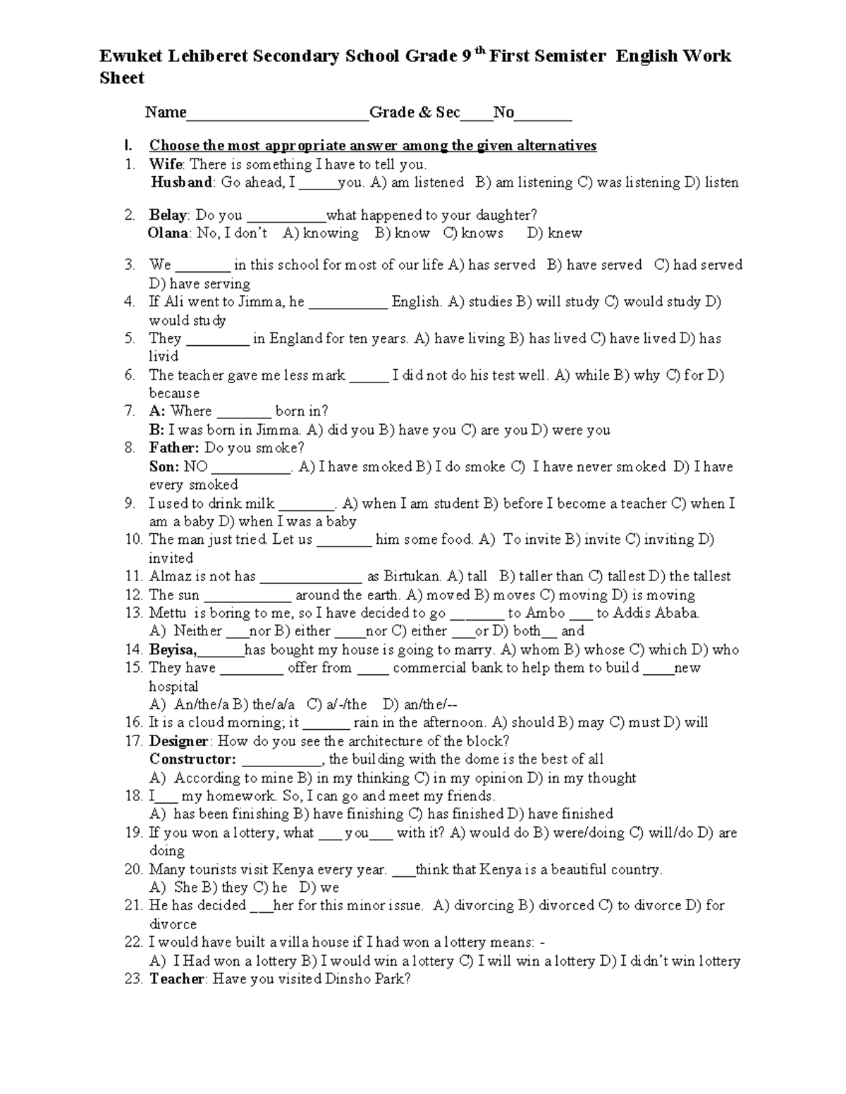Grade 9th English Work sheet - Ewuket Lehiberet Secondary School Grade ...