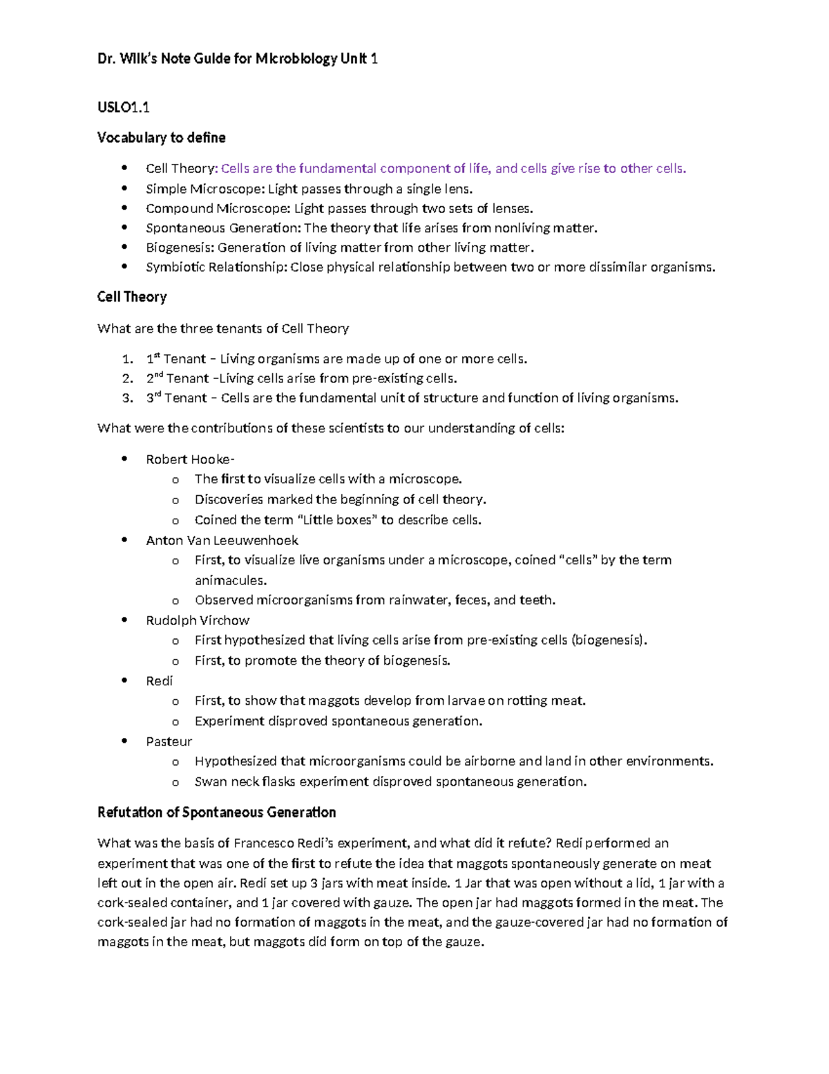 Wilkerson Microbiology Unit 1 Note Guide - USLO1. Vocabulary to define ...