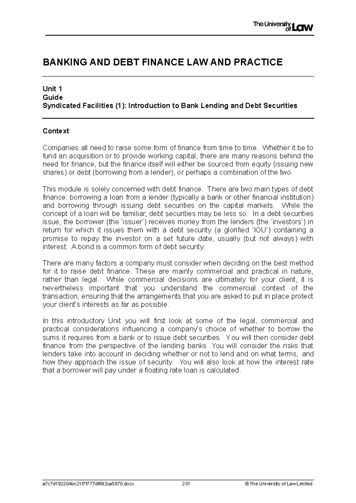 Unit 1: introduction to Bank Lending and Debt Securities - BANKING AND ...