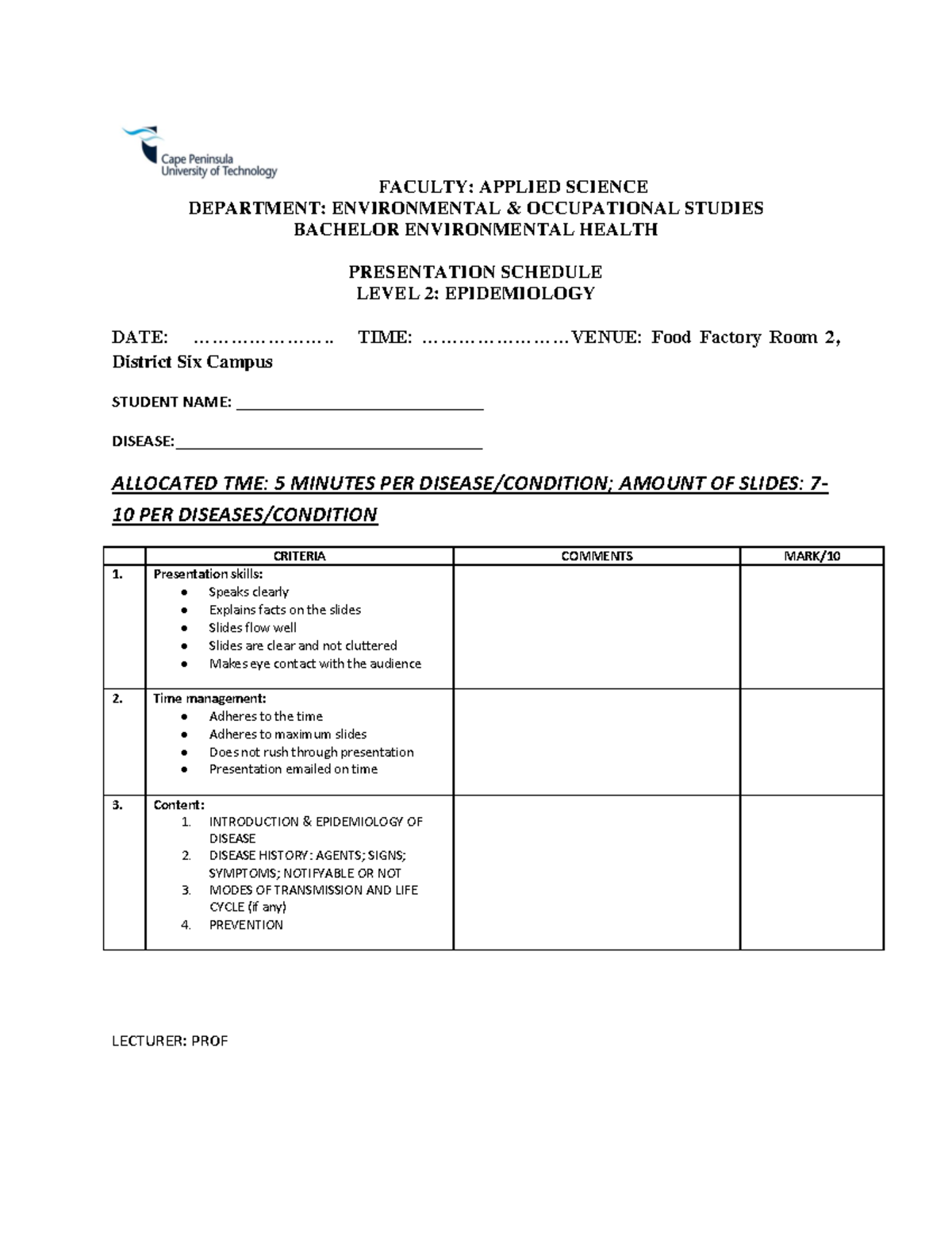 Evaluation Rubric disease presentations - FACULTY: APPLIED SCIENCE ...