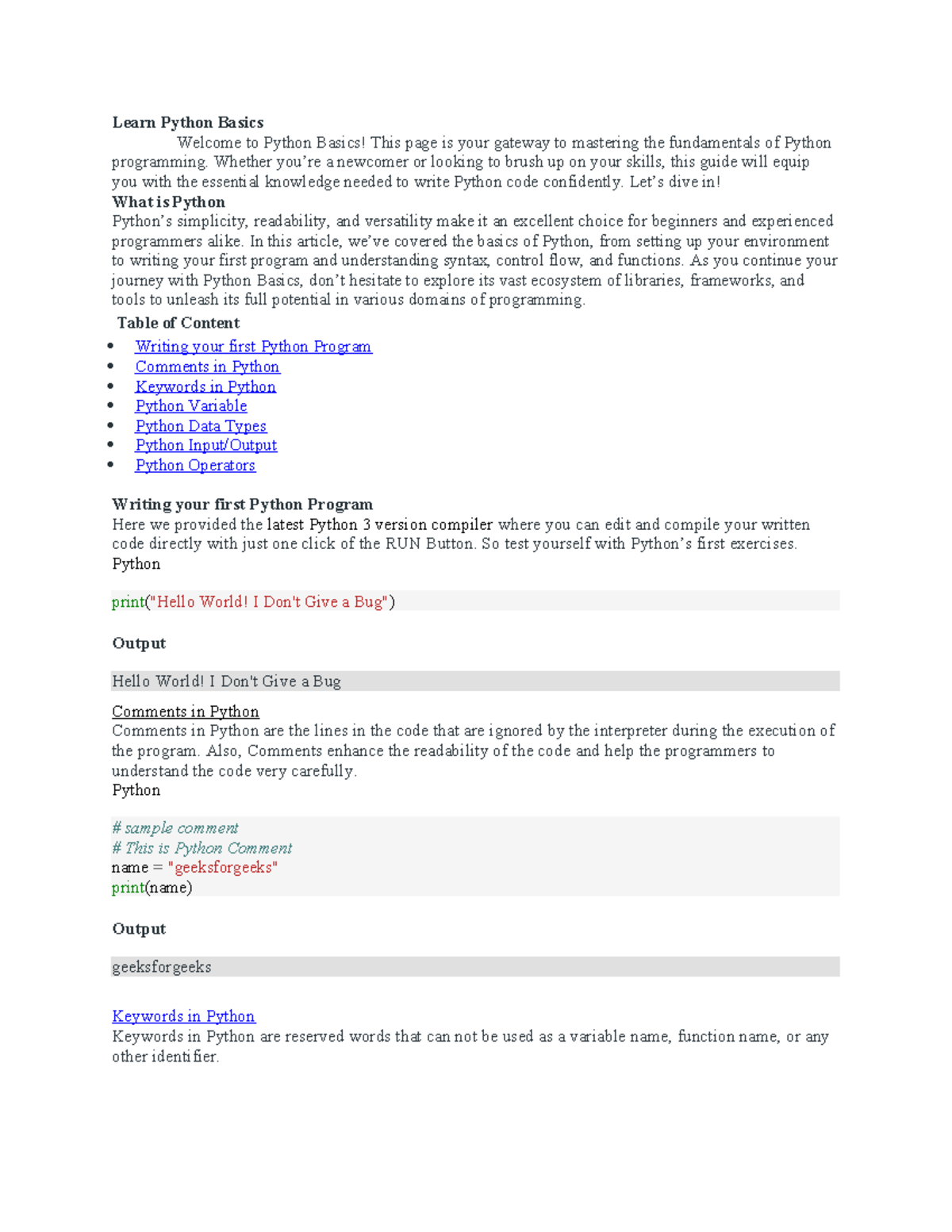 Toperrs Notes - Learn Python Basics Welcome to Python Basics! This page ...