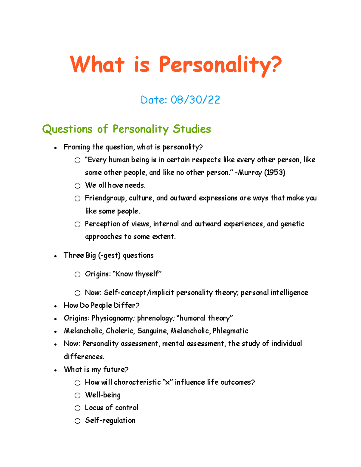Personality notes - What is Personality? Date: 08/30/ Questions of ...
