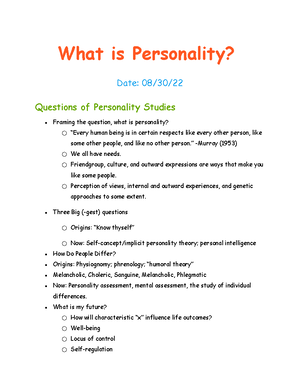 Personality notes - What is Personality? Date: 08/30/ Questions of ...