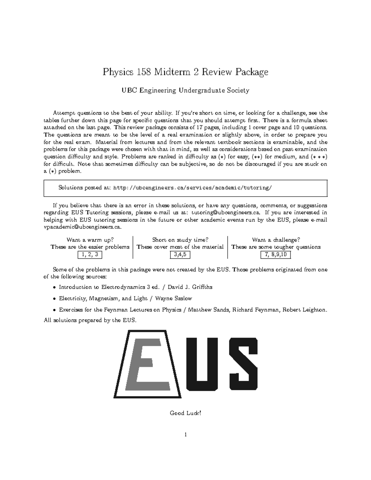 Phys 158 Midterm 2 Review Problems - Physics 158 Midterm 2 Review Package UBC Engineering - Studocu