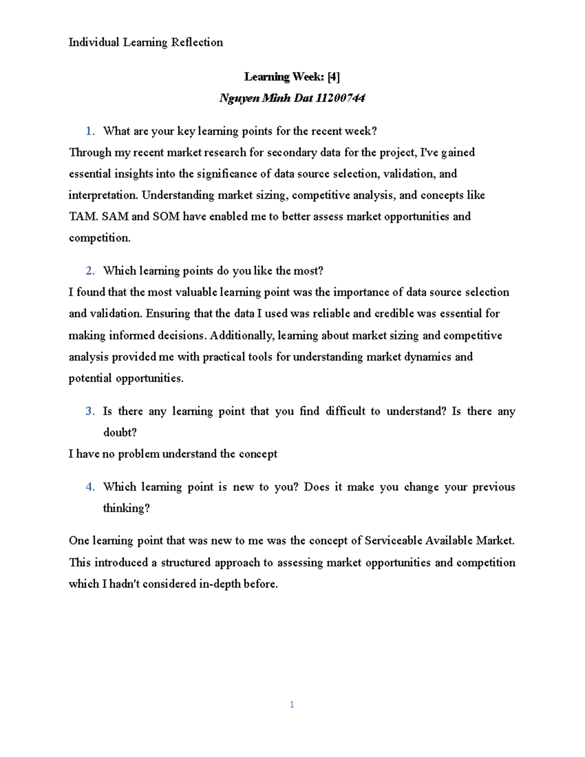 WEEK 4 - Bài reflection - Individual Learning Reflection Learning Week ...