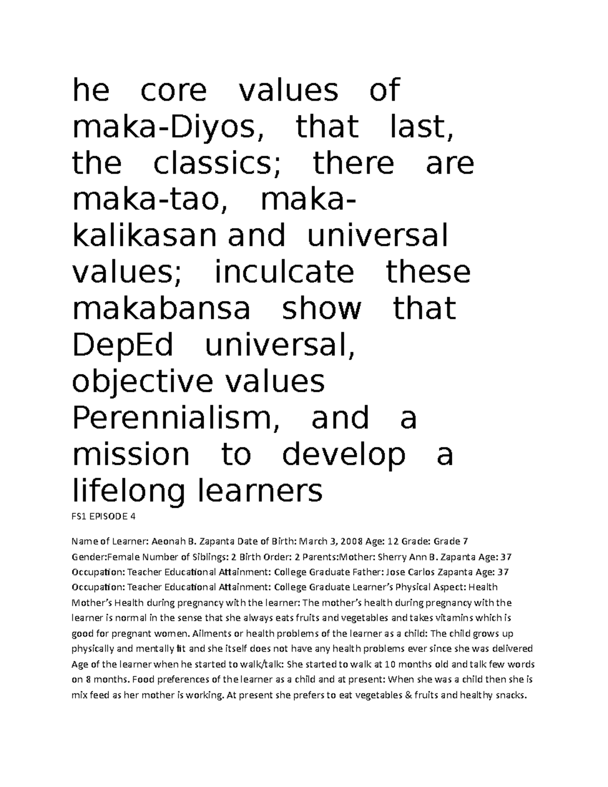 Eppisode 4 FS 1 - Field Study - he core values of maka-Diyos, that last ...