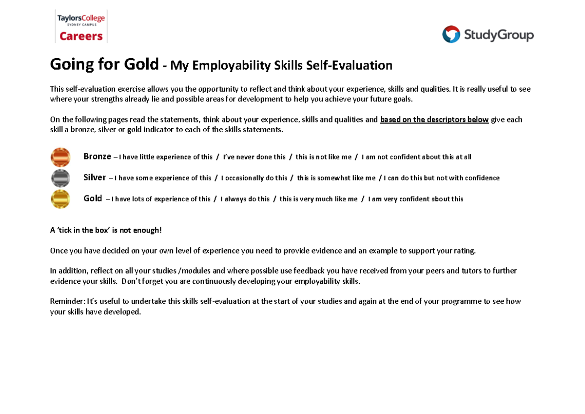 Going for Gold - My Employability Skills Self-Evaluation template ...