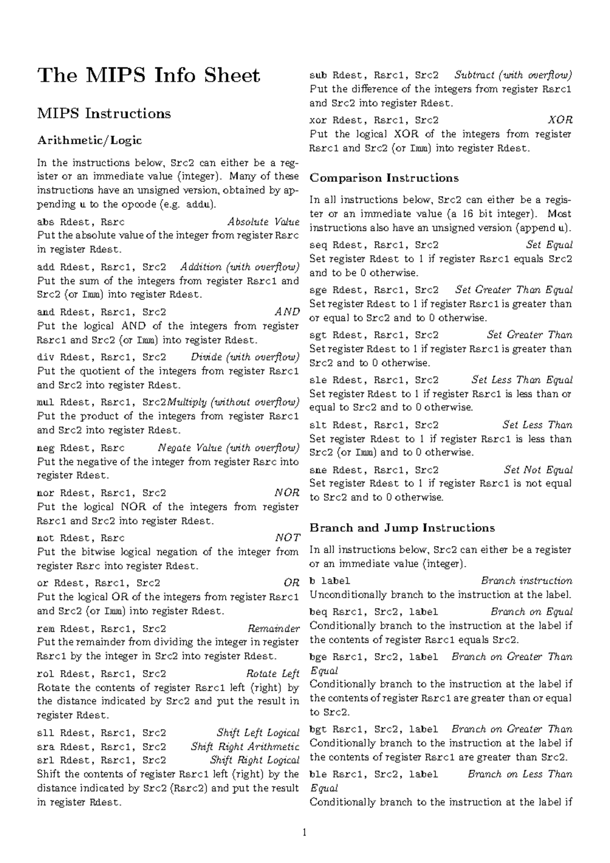 Mips summary - notes - The MIPS Info Sheet MIPS Instructions Arithmetic ...
