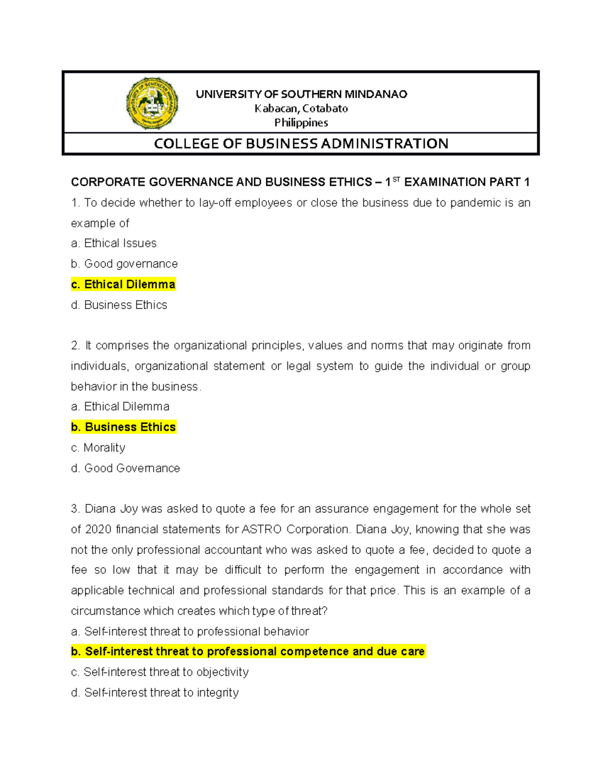 Corporate Governance AND Business Ethics – 1ST Examination PART 1 ...