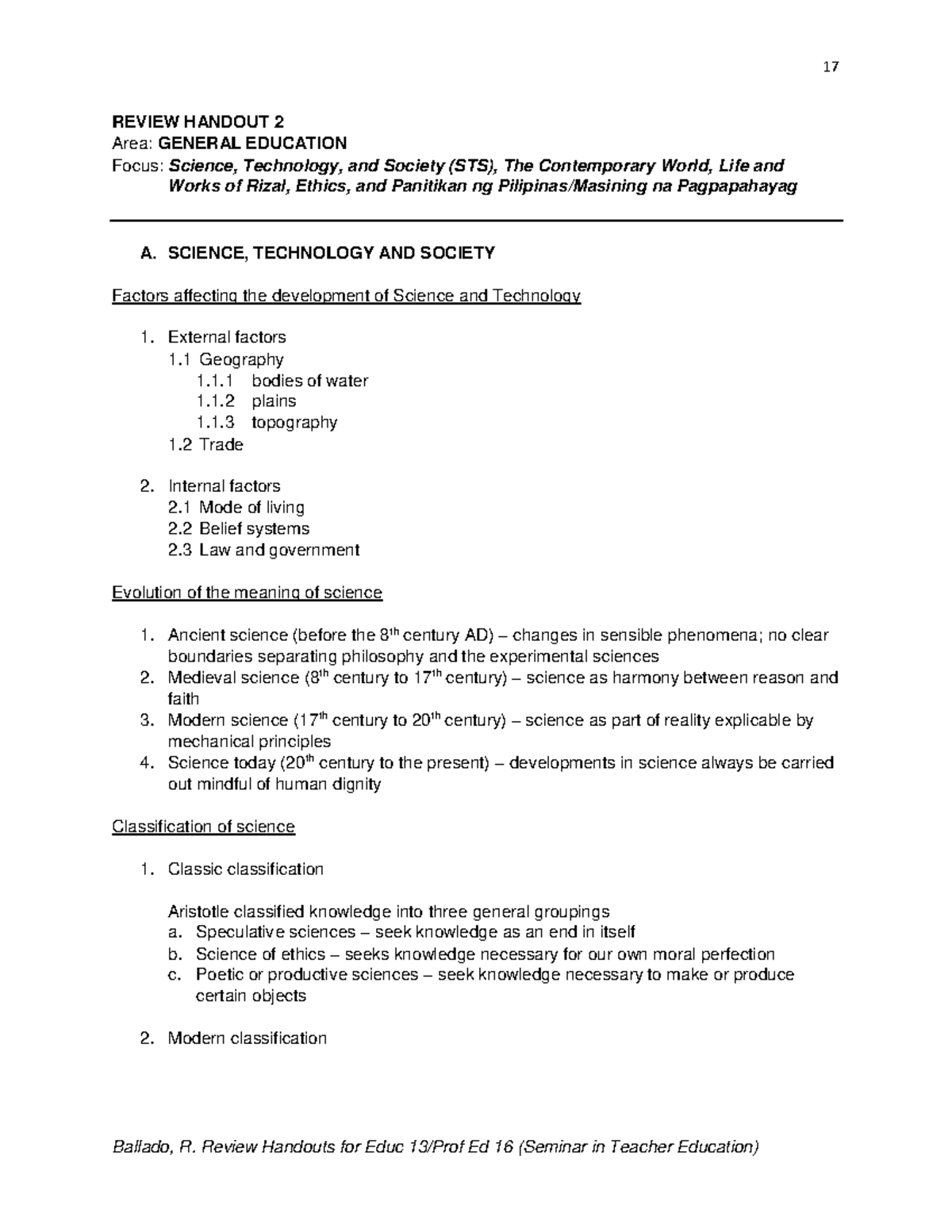 Gen Ed Review Handout 2 - Read - REVIEW HANDOUT 2 Area: GENERAL ...