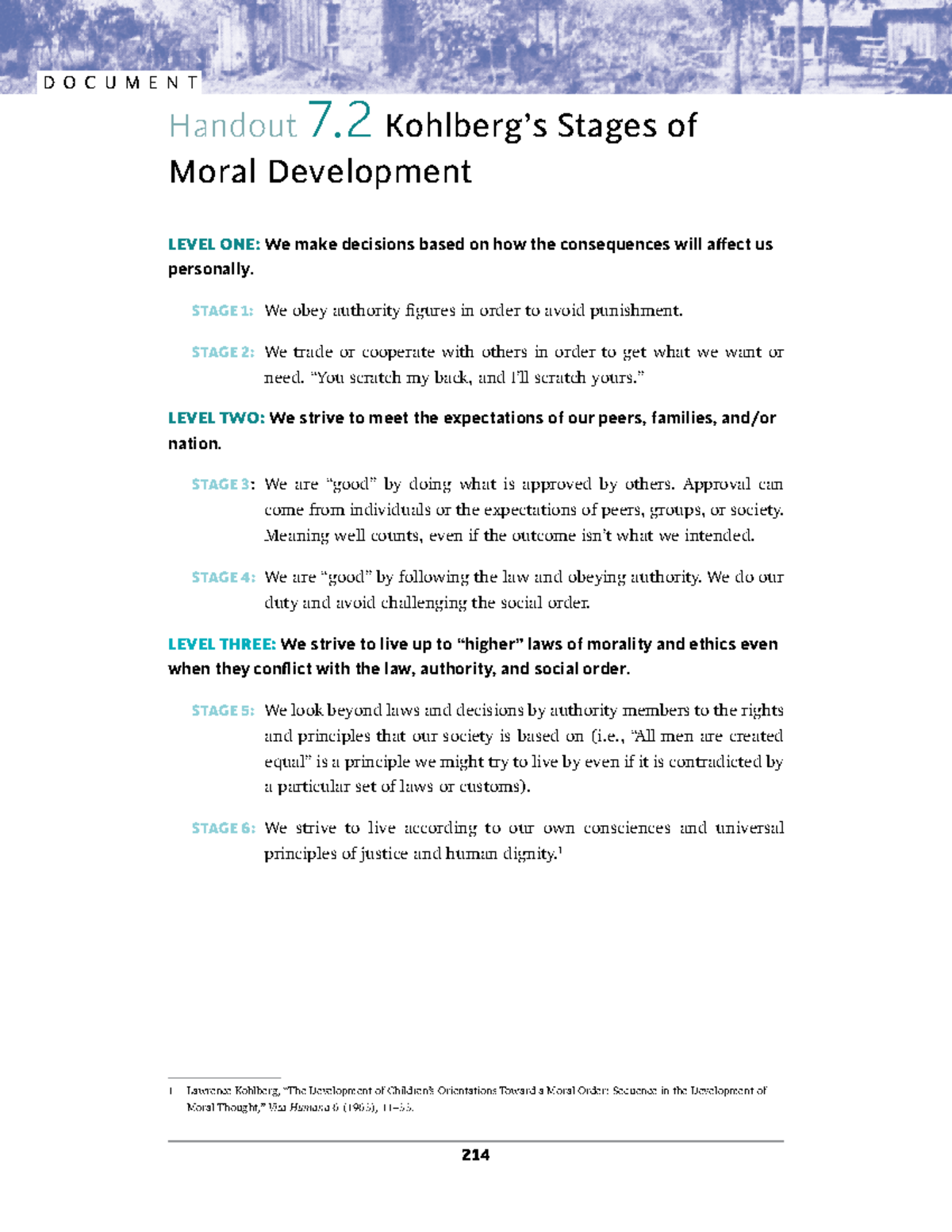 Kohlberg Moral Development - 214 DOCUMENT Handout 7 Kohlberg’s Stages ...