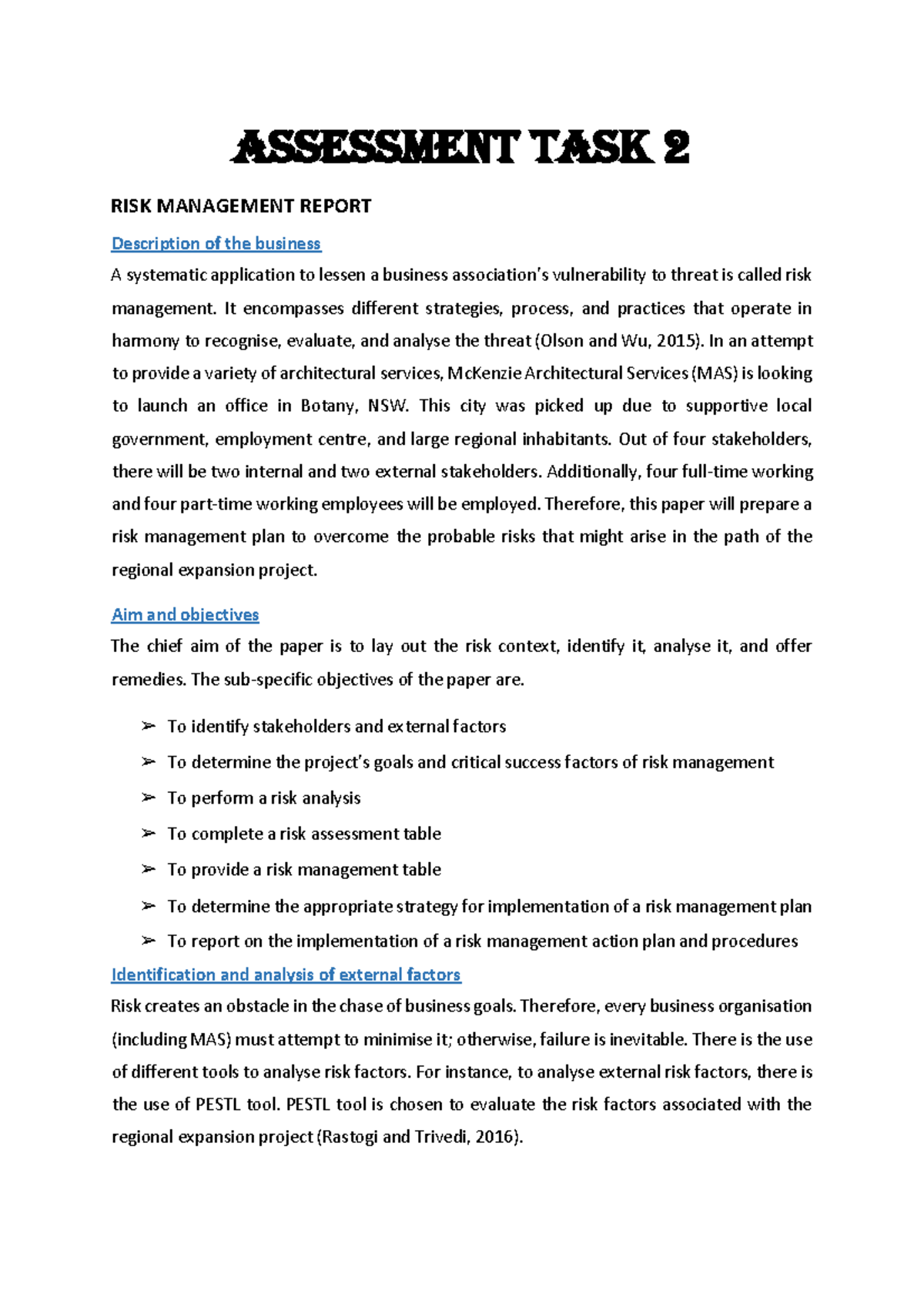 TASK 2 - REPORT - ASSESSMENT TASK 2 RISK MANAGEMENT REPORT Description ...