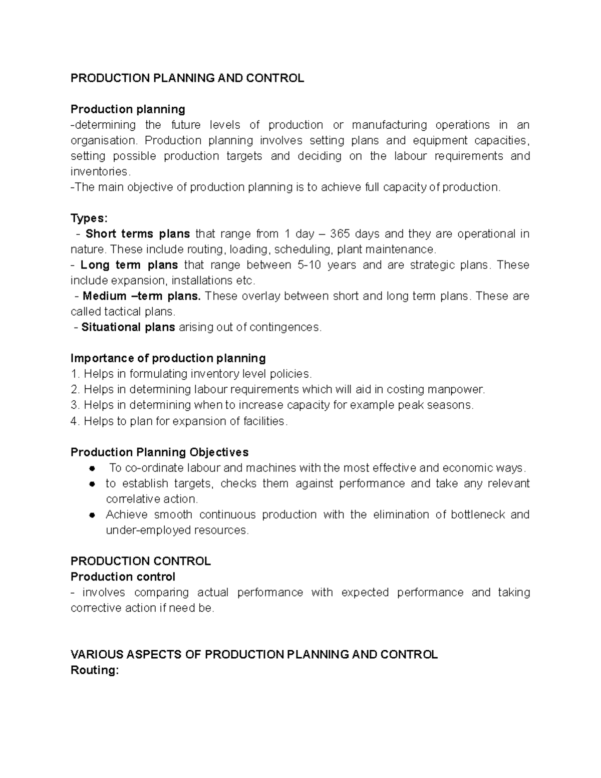 Production Planning AND Control - notes - PRODUCTION PLANNING AND ...