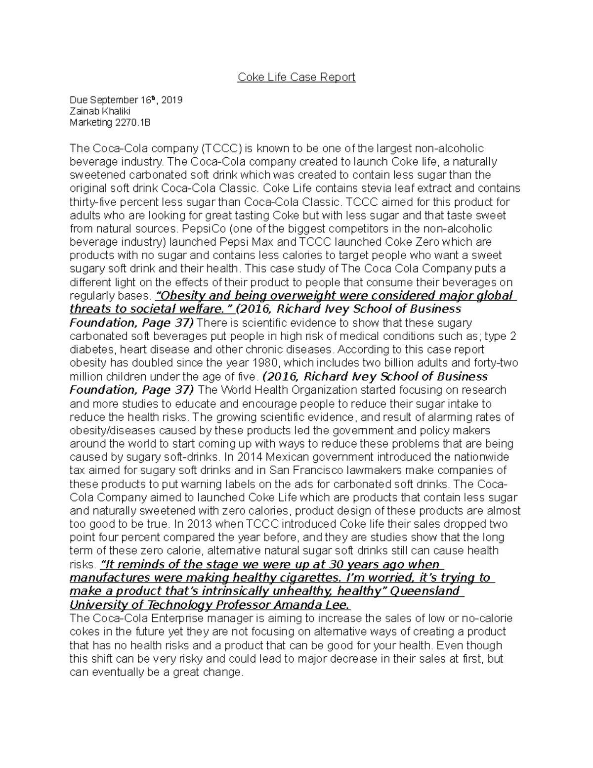 Coke Life Case Report - Grade: 2nd - Coke Life Case Report Due ...