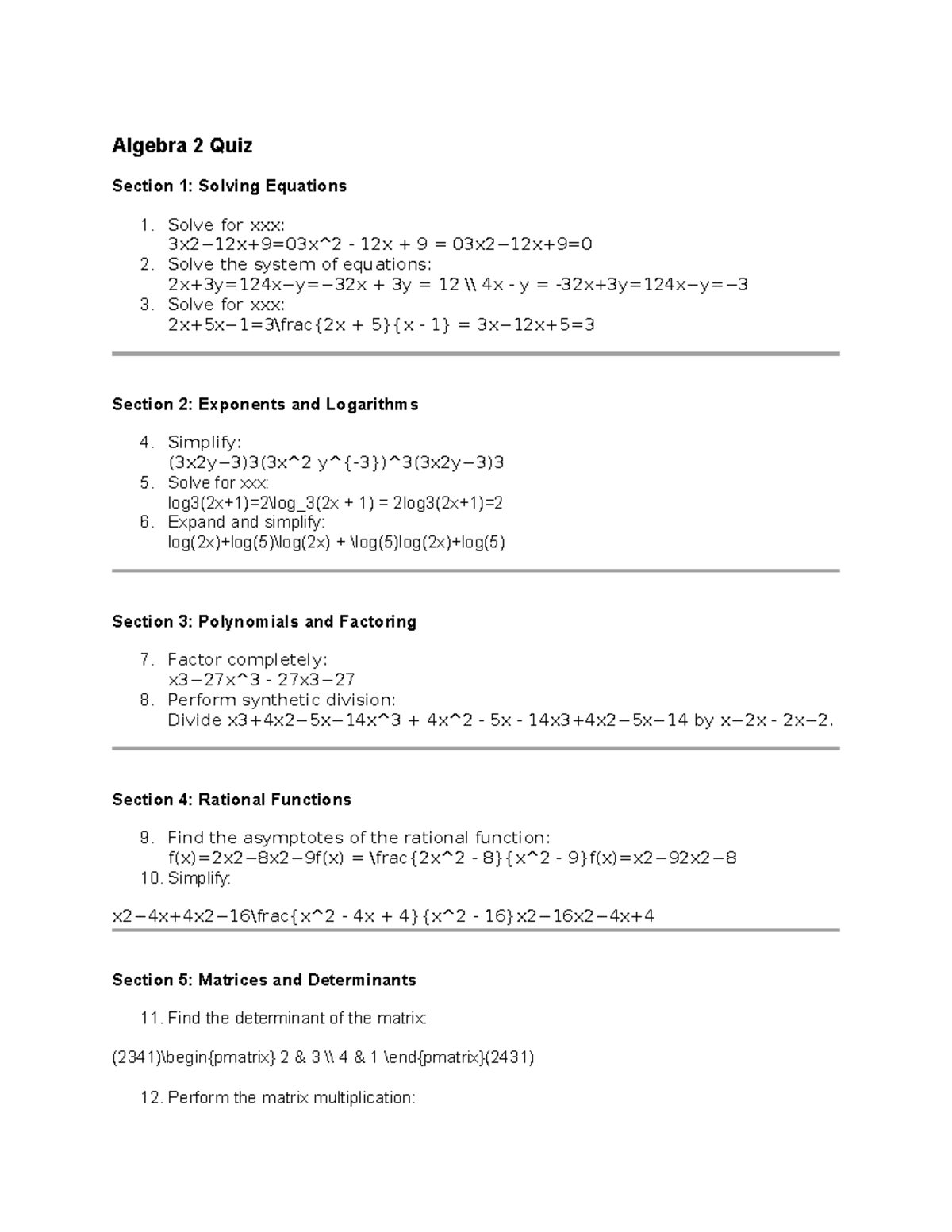 Algebra 2 Quiz - Algebra 2 Quiz Section 1: Solving Equations 1. Solve ...