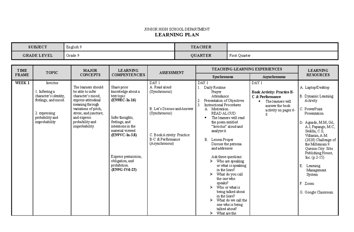 English 9 - Learning PLAN 1ST QT - JUNIOR HIGH SCHOOL DEPARTMENT ...