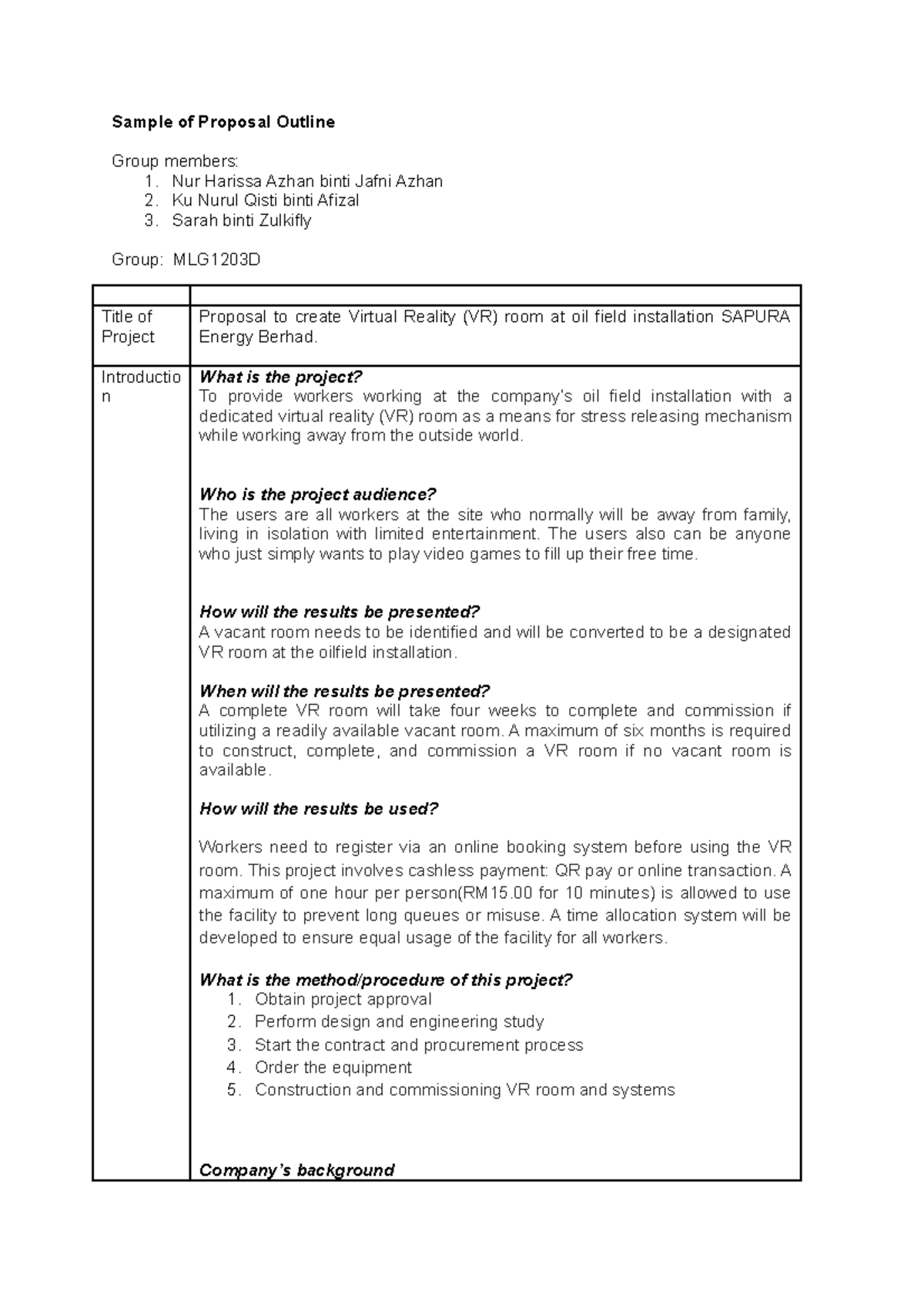 ELS203 Business writing Proposal Outline - Sample of Proposal Outline ...