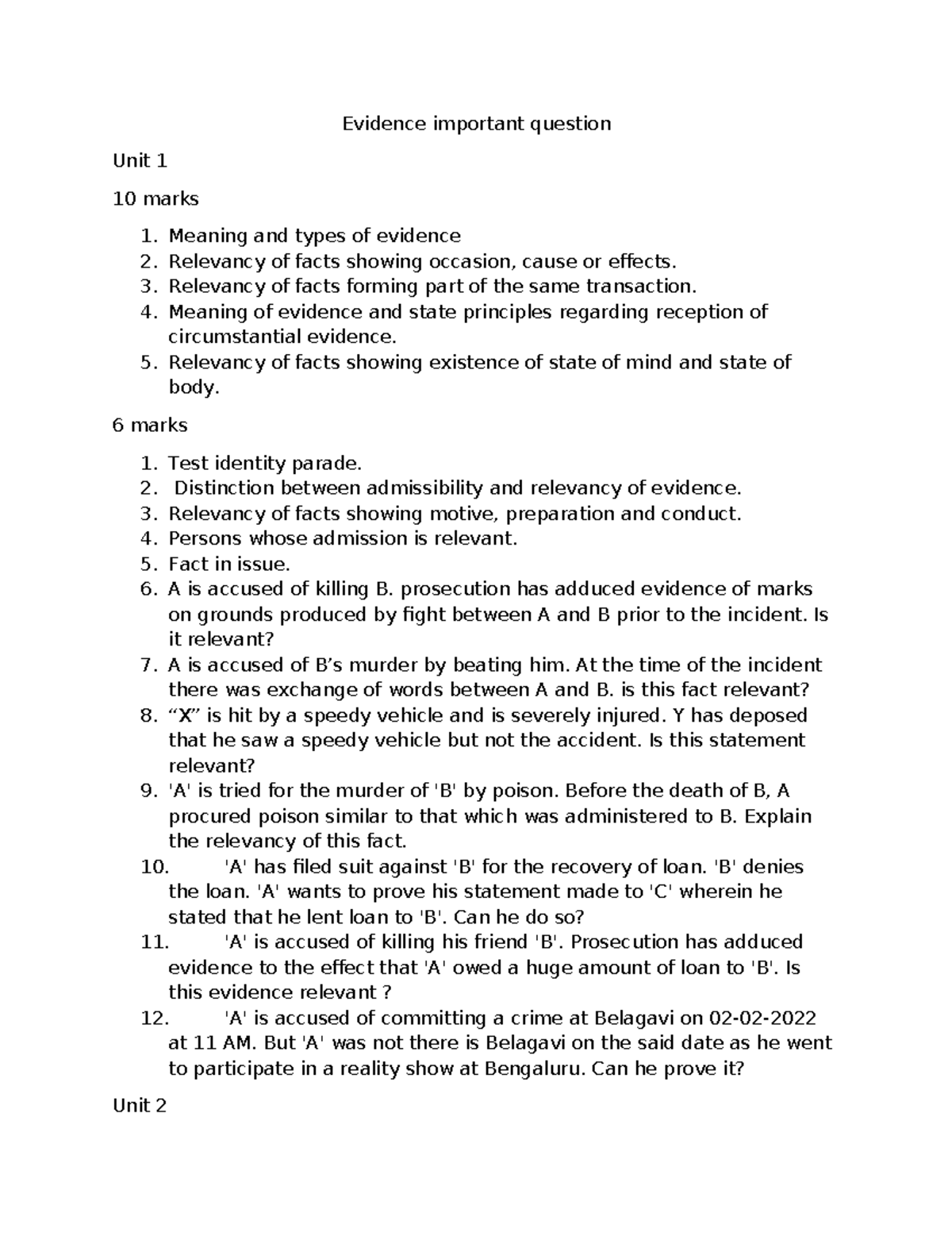 Evidence imp questions - Evidence important question Unit 1 10 marks ...