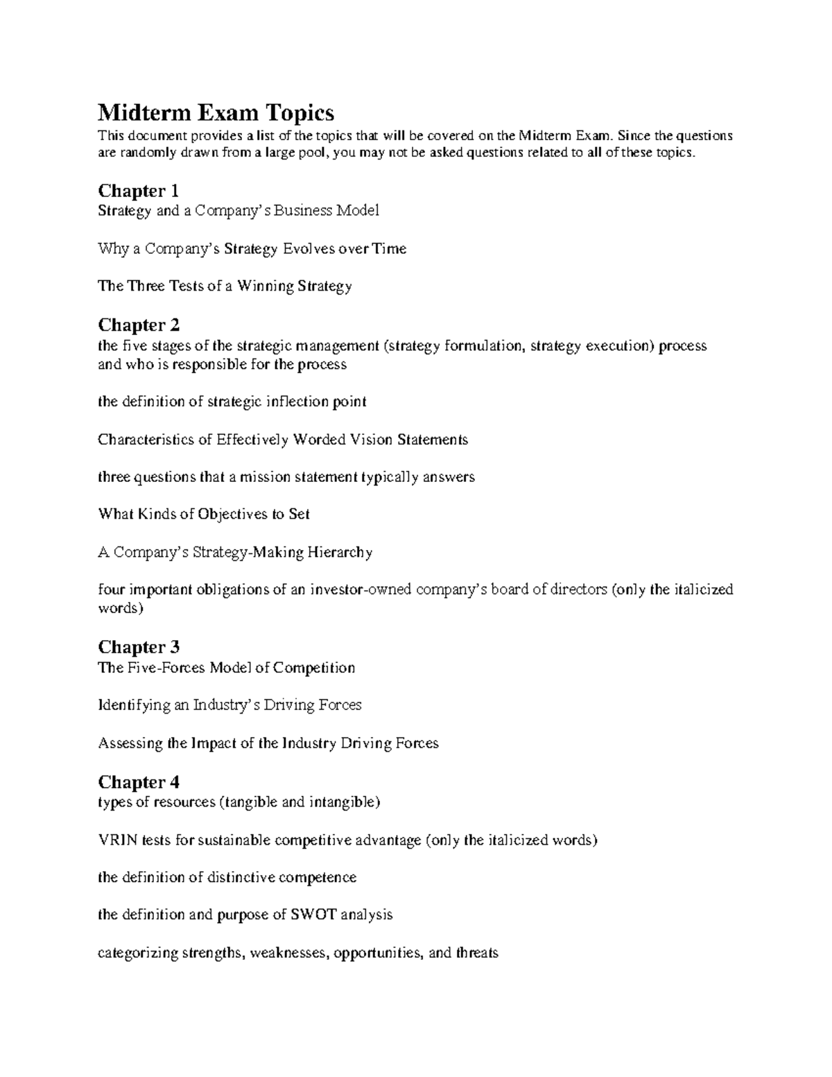 Midterm Exam Topics - Midterm Exam Topics This document provides a list of the topics that will ...