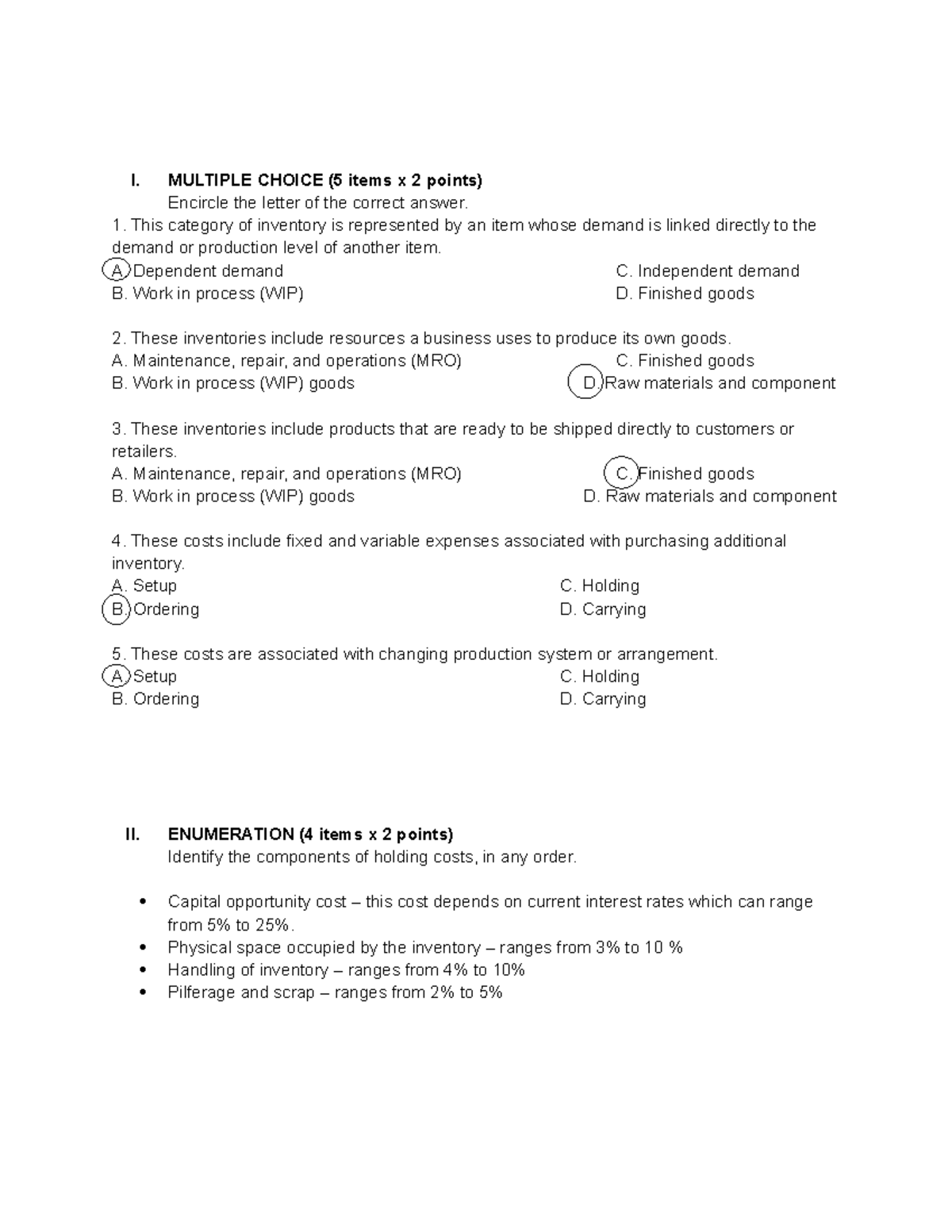 Quiz 1 - Logistics Management -Identifying Holding Costs - Submitted ...