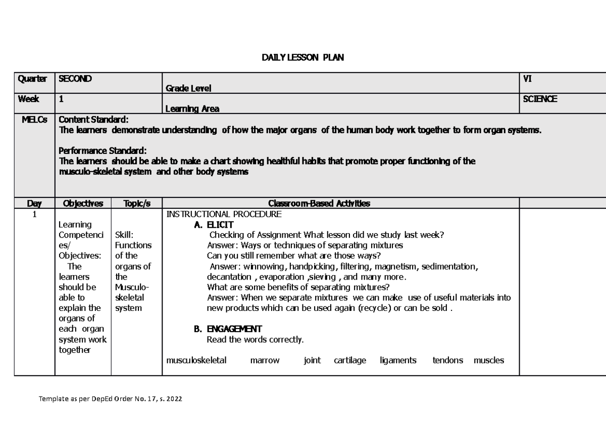 Science-6-LP-Q2W1 mam gem - DAILY LESSON PLAN Quarter SECOND Grade ...