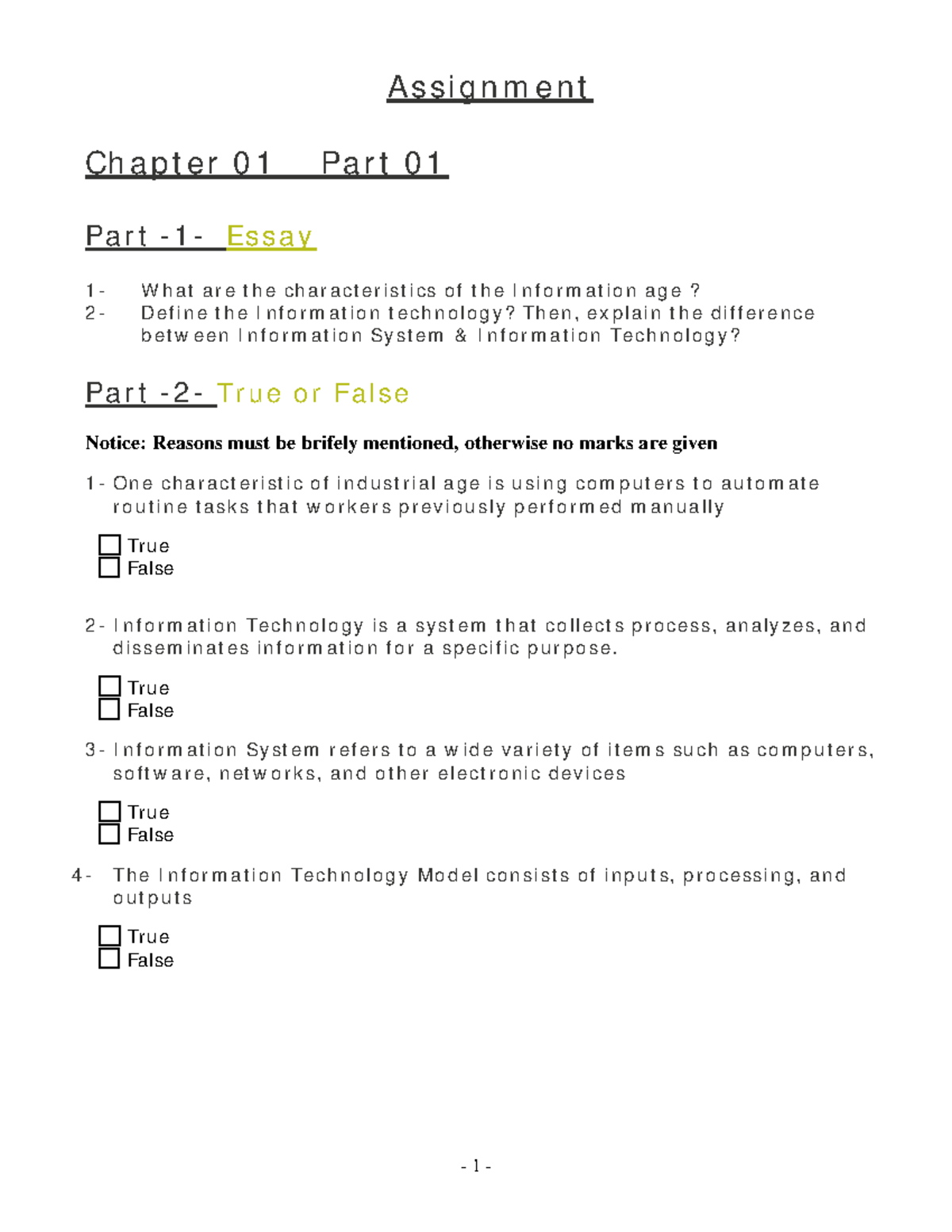 Assignment lec 1 accounting management information operations - 1 - Assignment Chapter 01 Part ...