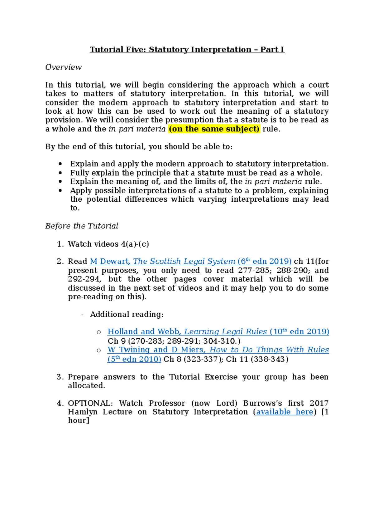 ILS - 2021-22 - Tutorial 5 - Tutorial Five: Statutory Interpretation – Part I Overview In this ...
