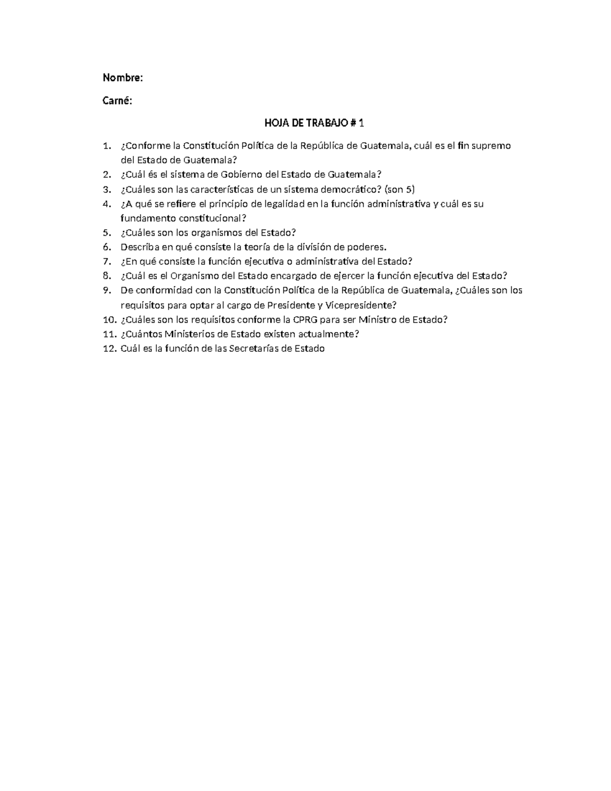 HOJA DE Trabajo 1 - Ejercicios de la Constitución Politica de la ...