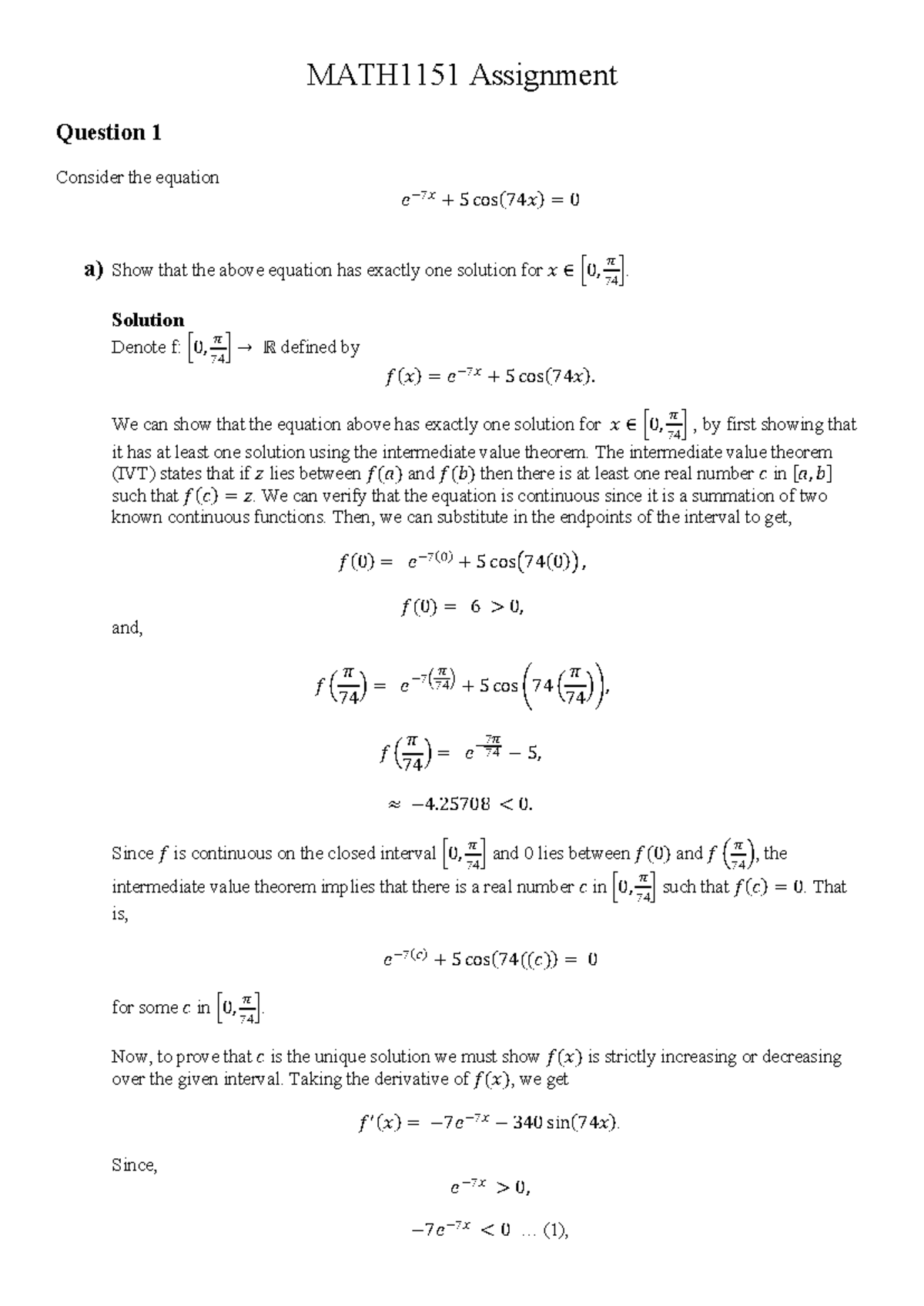 MATH1151 ASS1 - Assignment 1 Term 2 Actuary - MATH1151 Assignment Question 1 Consider the ...