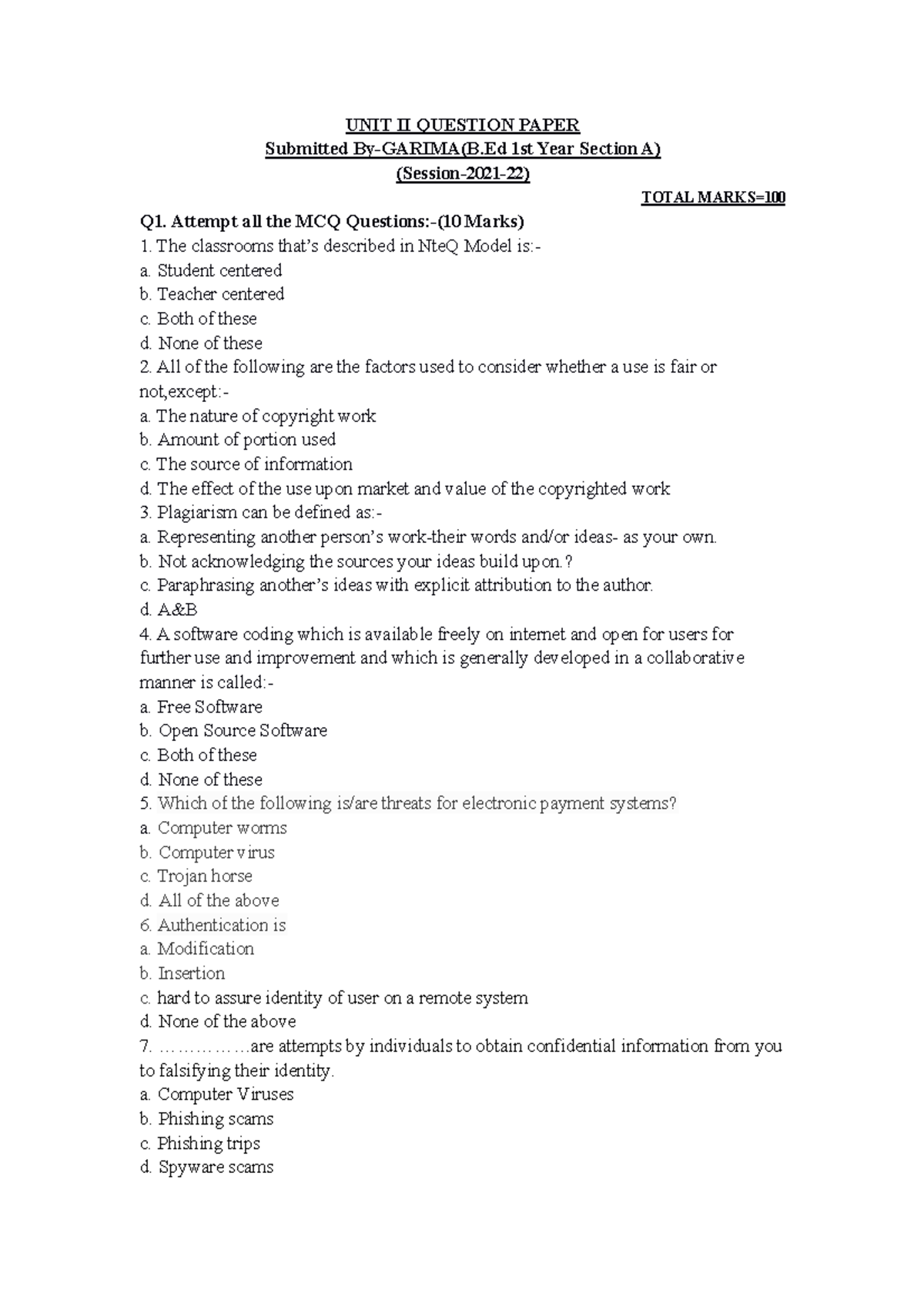 Ict question paper unit 2 1 - UNIT II QUESTION PAPER Submitted By ...