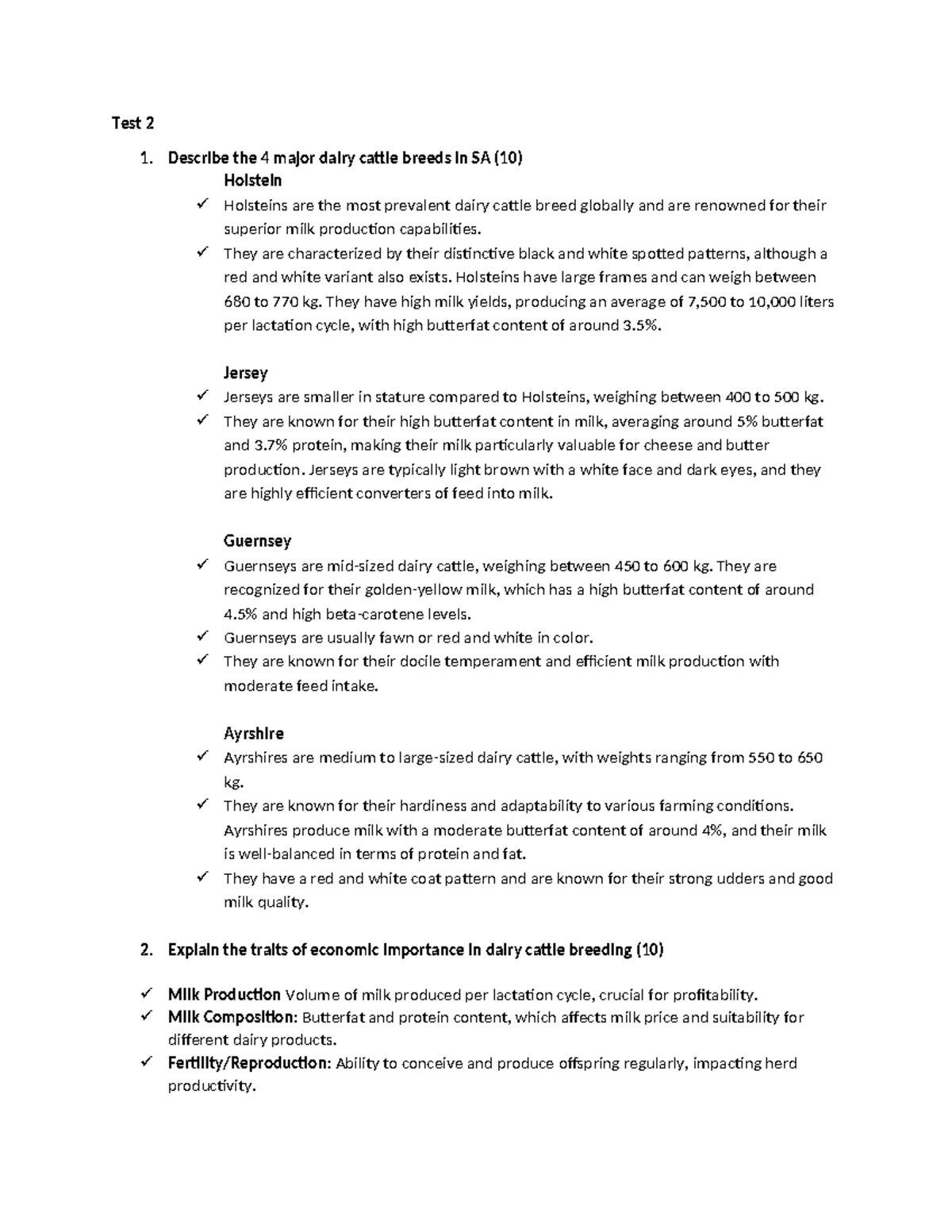 Test 2 - andm - Test 2 1. Describe the 4 major dairy cattle breeds in ...
