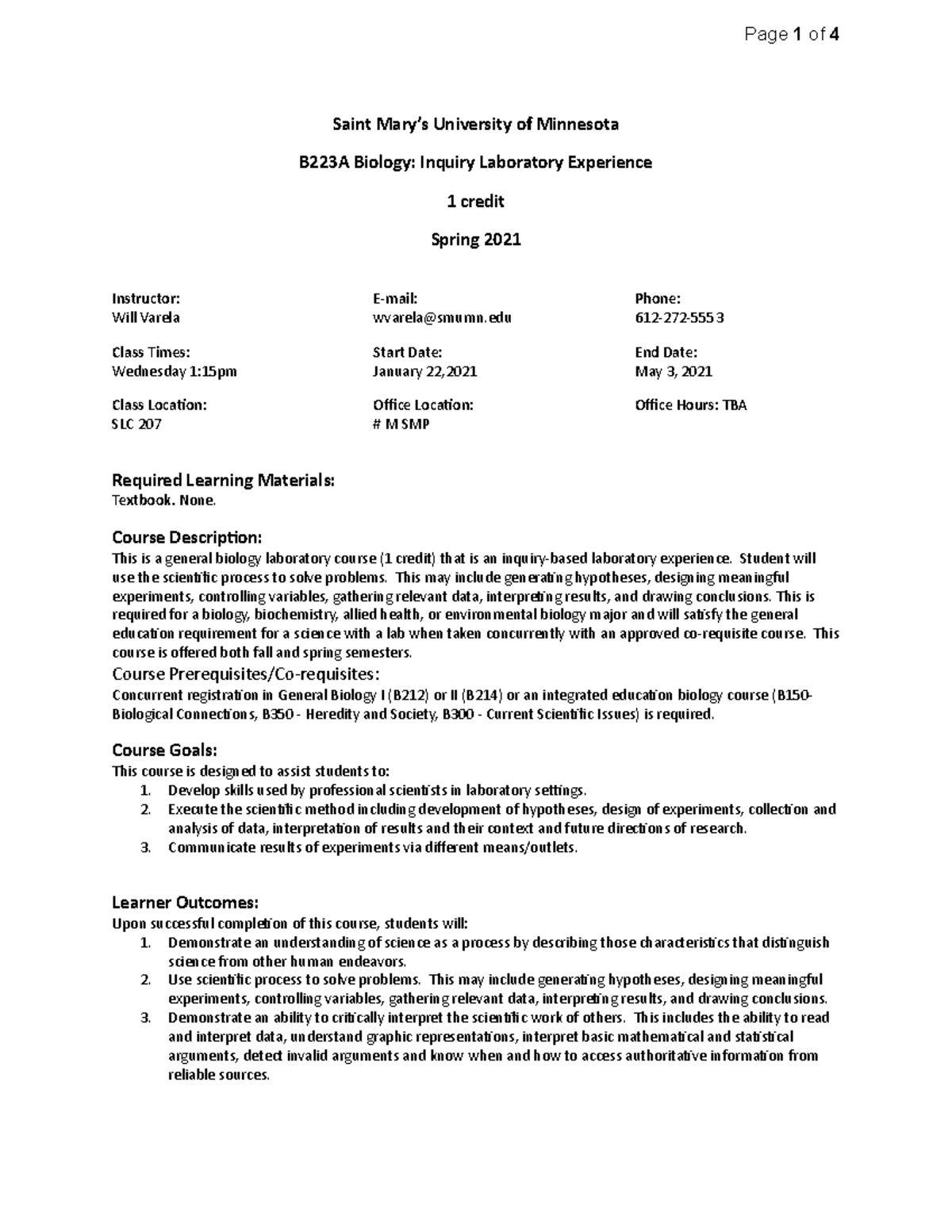 B223 B S21 - Lab Handout - Saint Mary’s University of Minnesota B223A ...