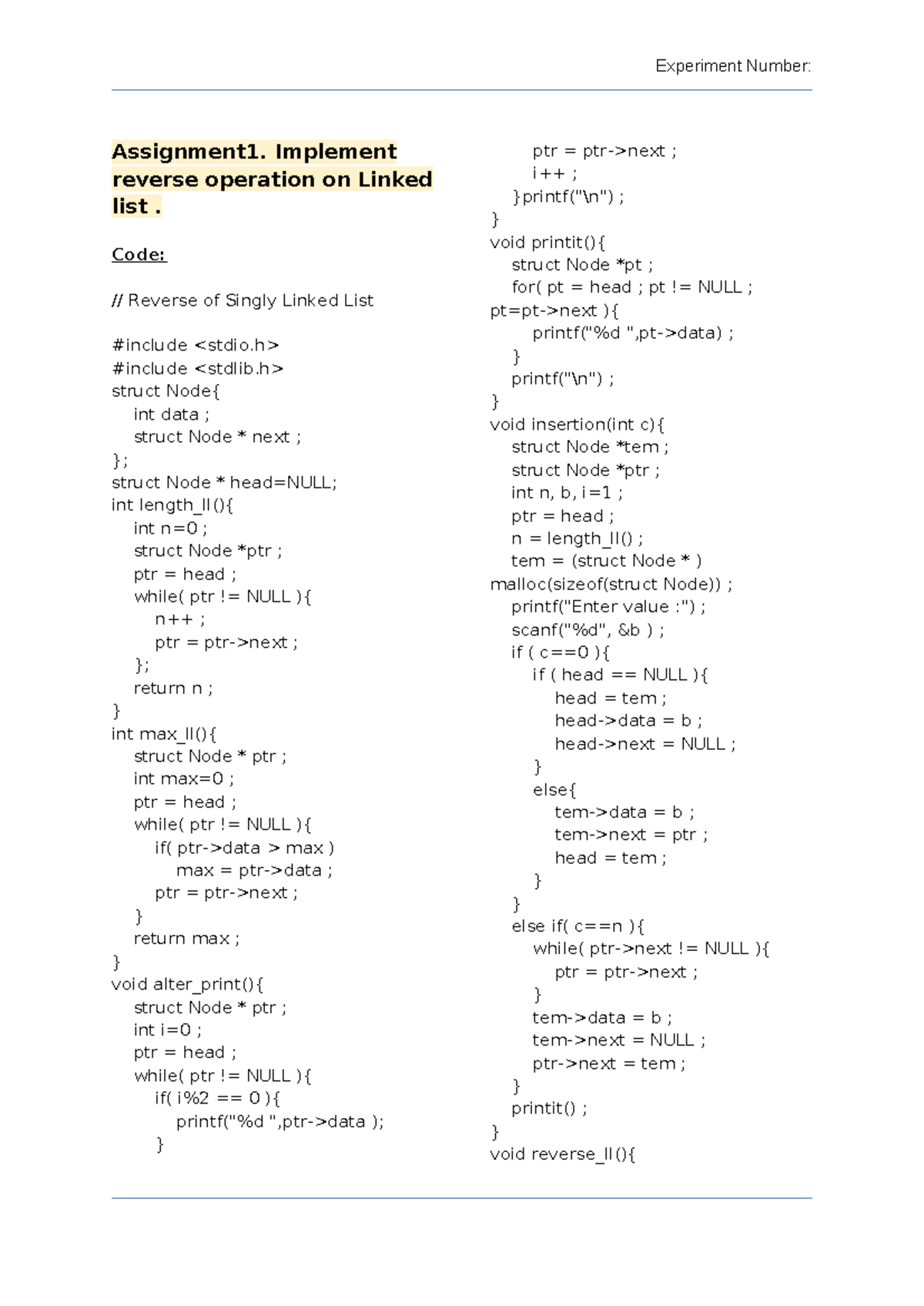 DSTL FILE - dstl file - Assignment1. Implement reverse operation on Linked list. Code ...