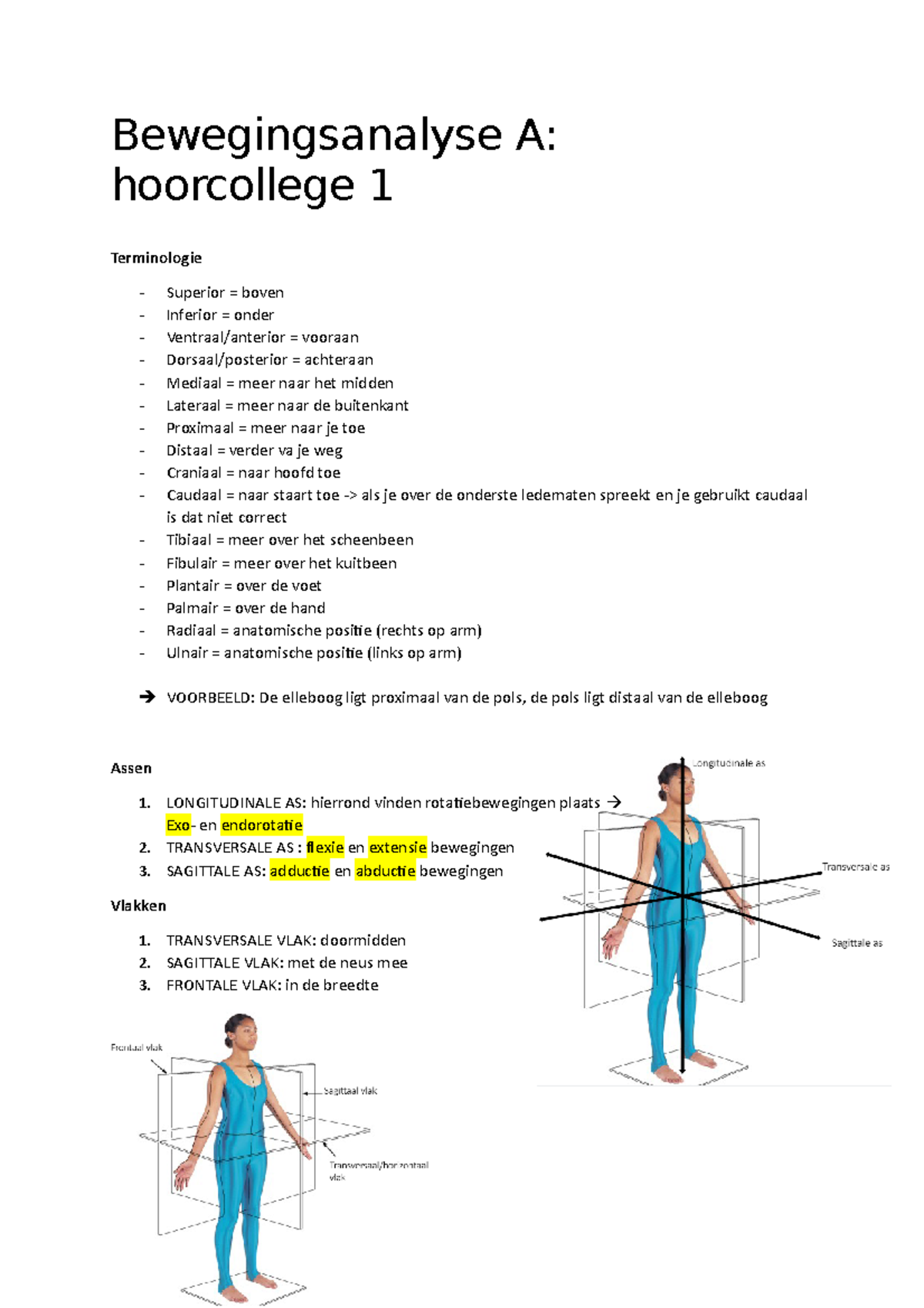 HC 1 - HC 1 - Bewegingsanalyse A: hoorcollege 1 Terminologie Superior = boven Inferior = onder ...