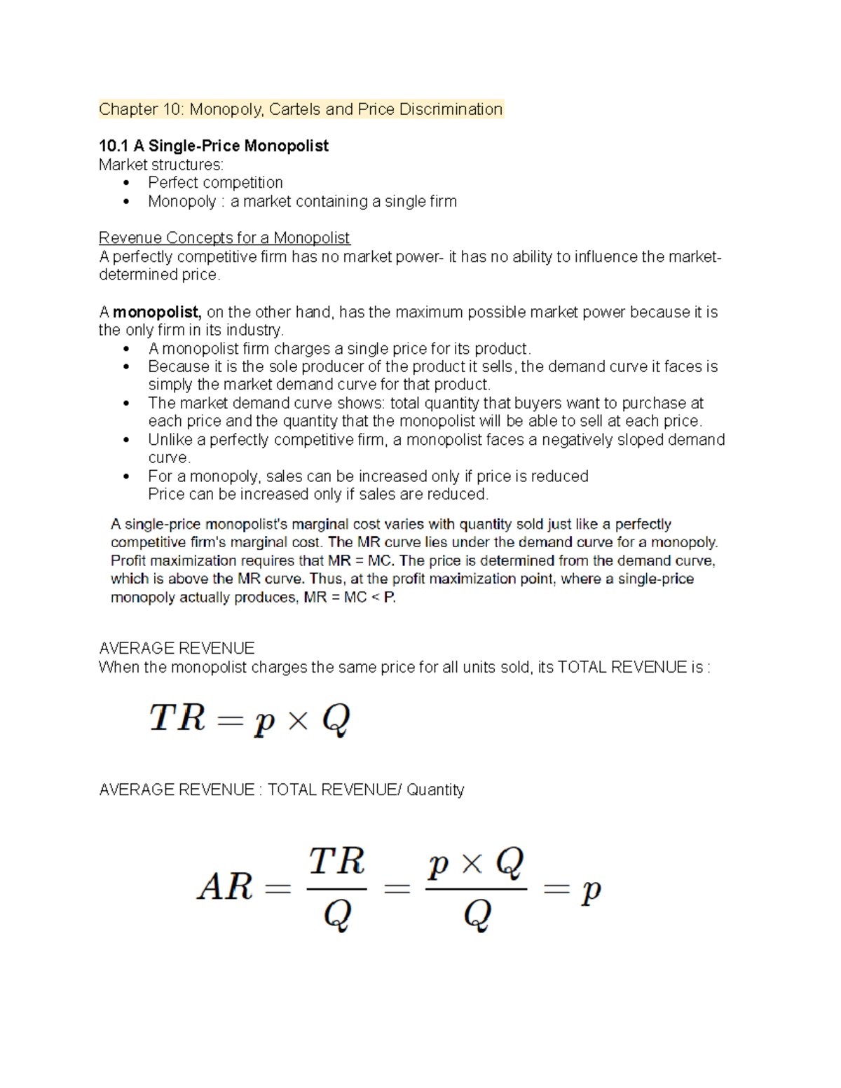CHAPTER 10- Monopoly, Cartel and Price Discrimination - ECON 201 - Concordia - Studocu