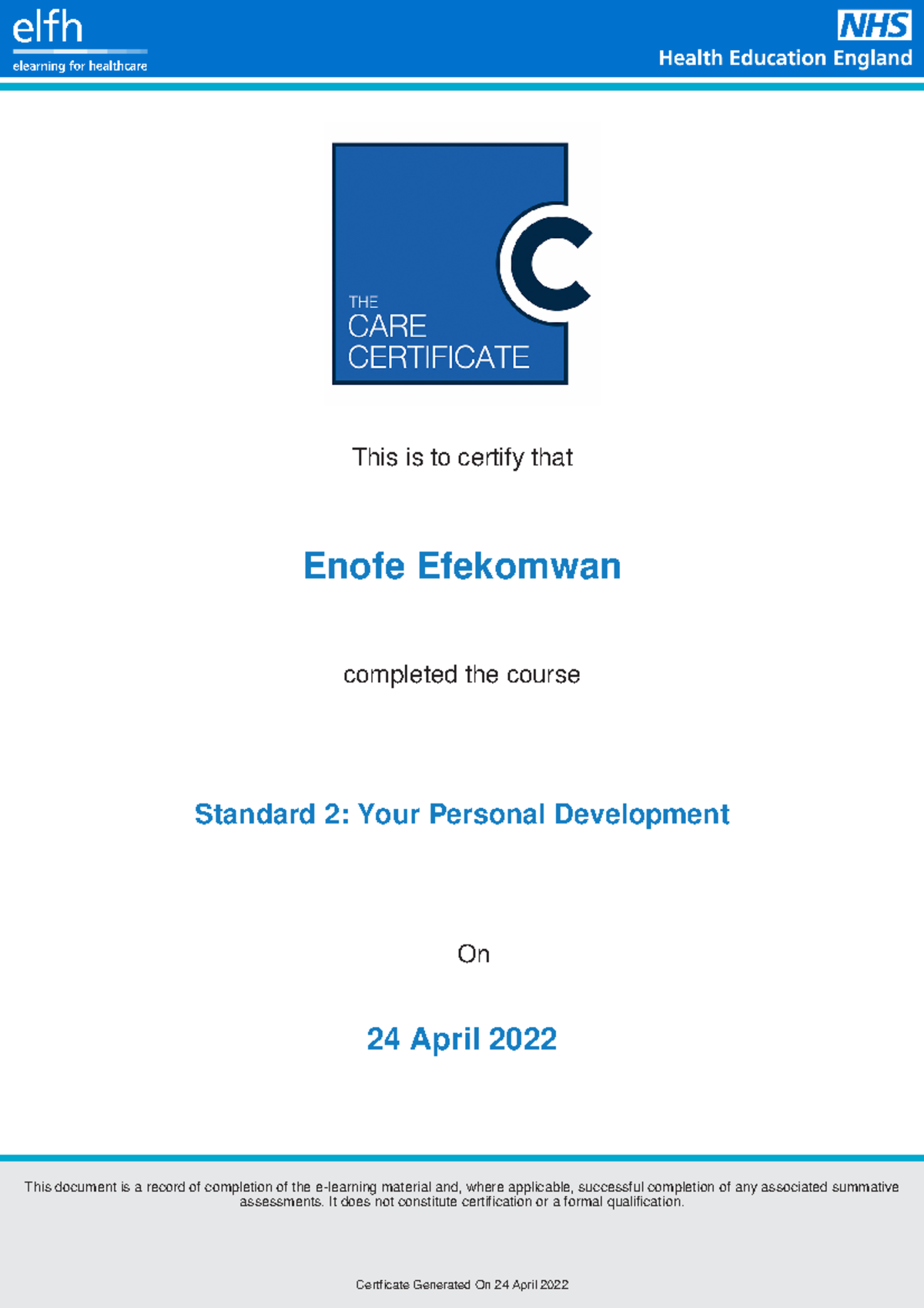 Personal Development Certificate - This is to certify that Enofe ...