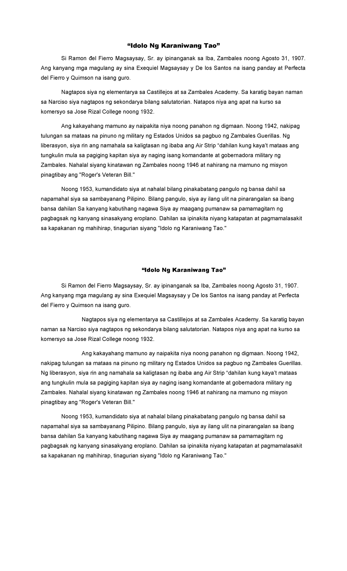 Idolo Ng Karaniwang Tao - “Idolo Ng Karaniwang Tao” Si Ramon đel Fierro Magsaysay, Sr. ay - Studocu