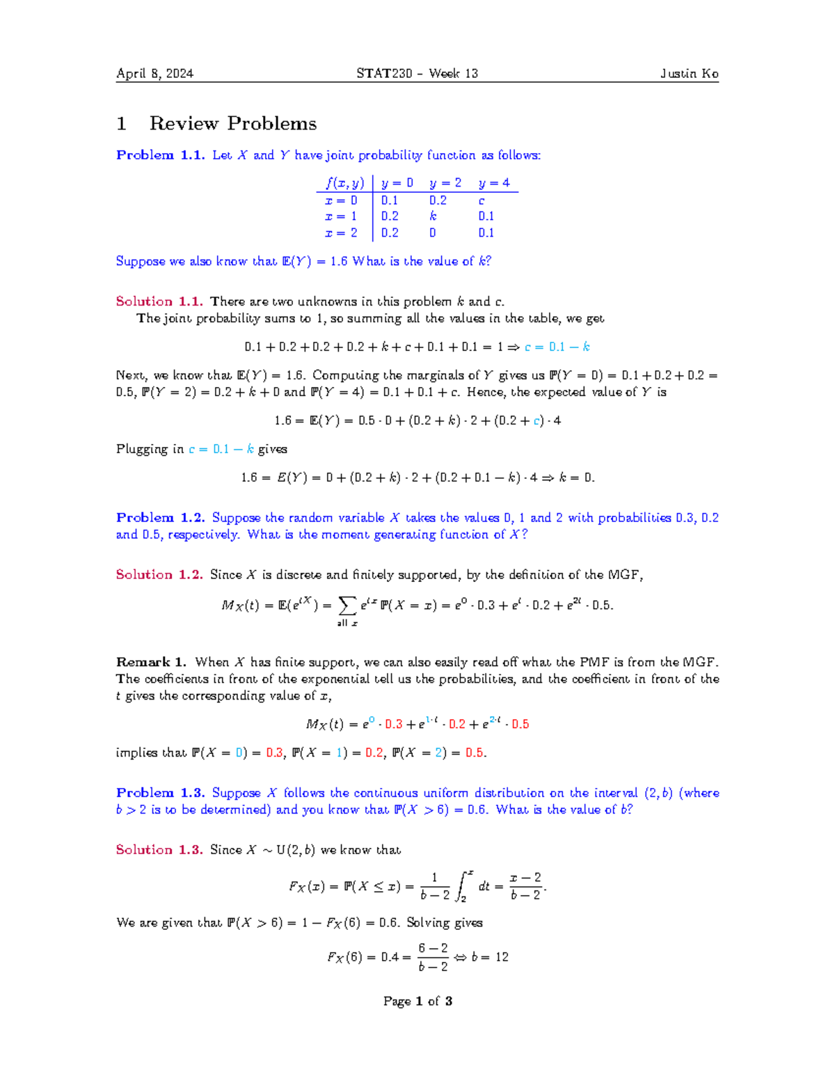 Questions about basic stat - April 8, 2024 STAT230 – Week 13 Justin Ko 1 Review Problems Problem ...