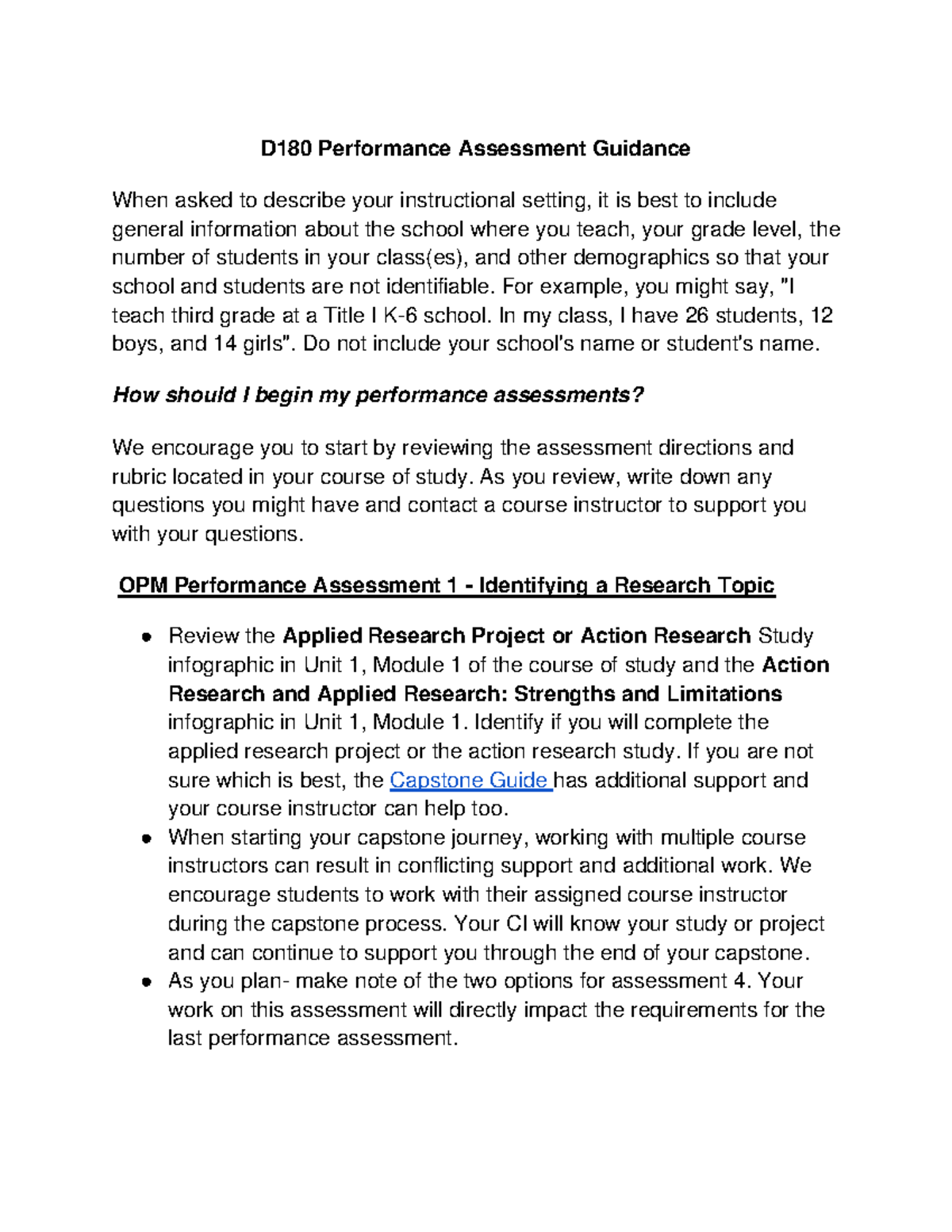 D180 Performance Assessment Guidance - For example, you might say, "I ...