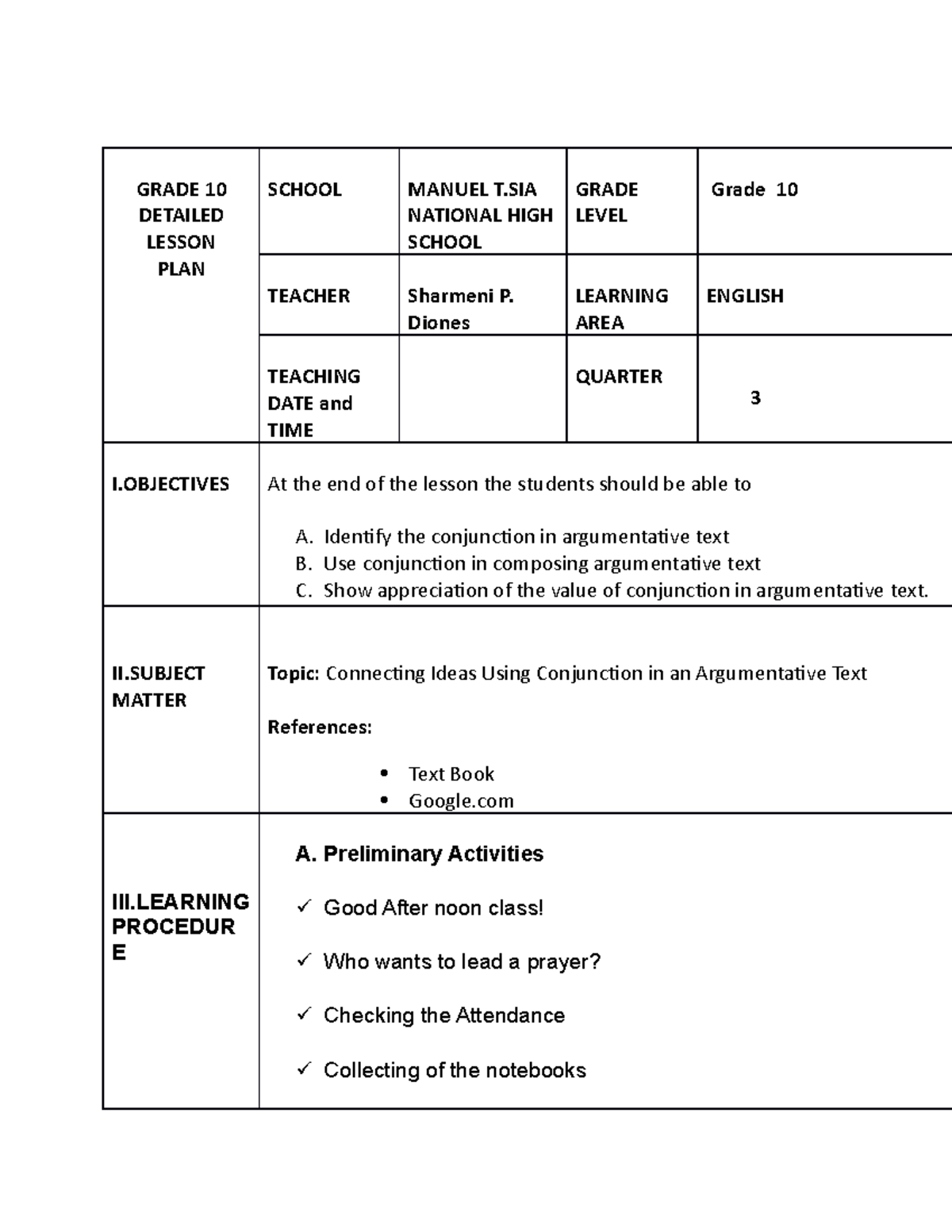 Grade 10 Detailed Lesson - GRADE 10 DETAILED LESSON PLAN SCHOOL MANUEL ...